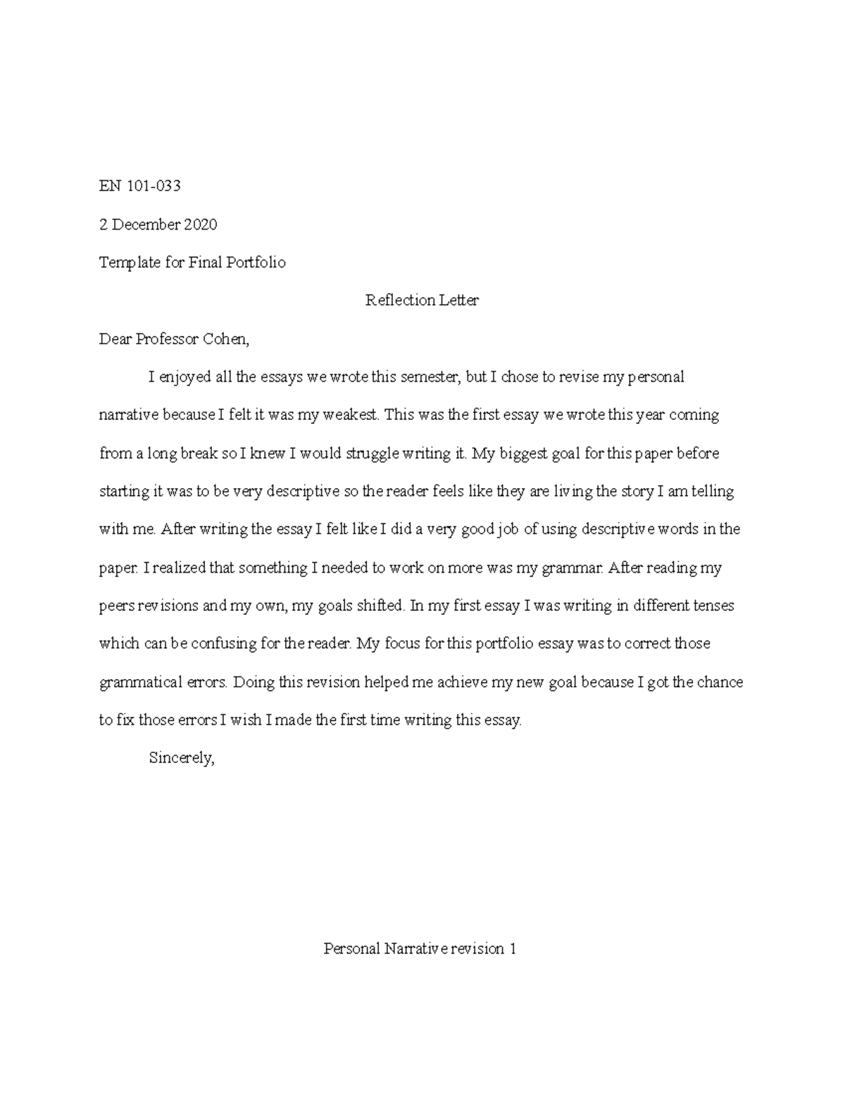 Portfolio essay - EN 101- 2 December 2020 Template for Final Portfolio ...