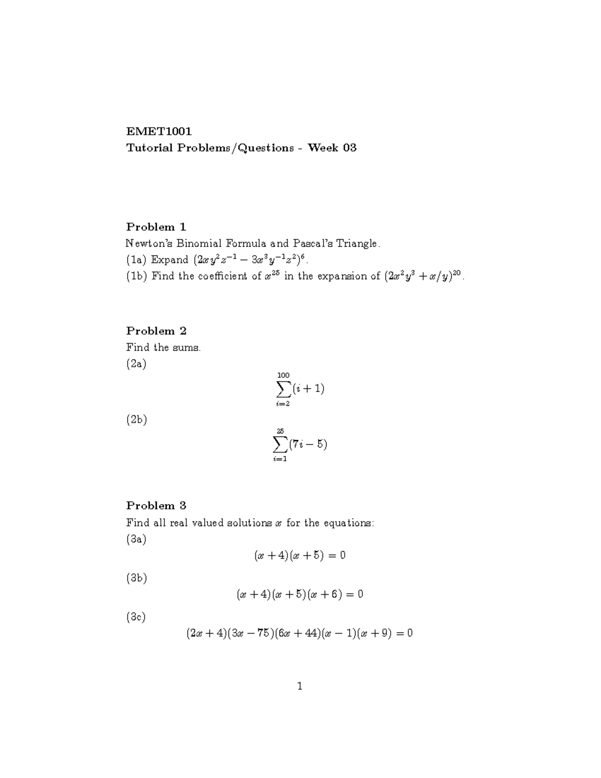 Tut-03 - Tutorial questions for week 4 - EMET Tutorial Problems/Questions - Week 03 Problem 1 ...