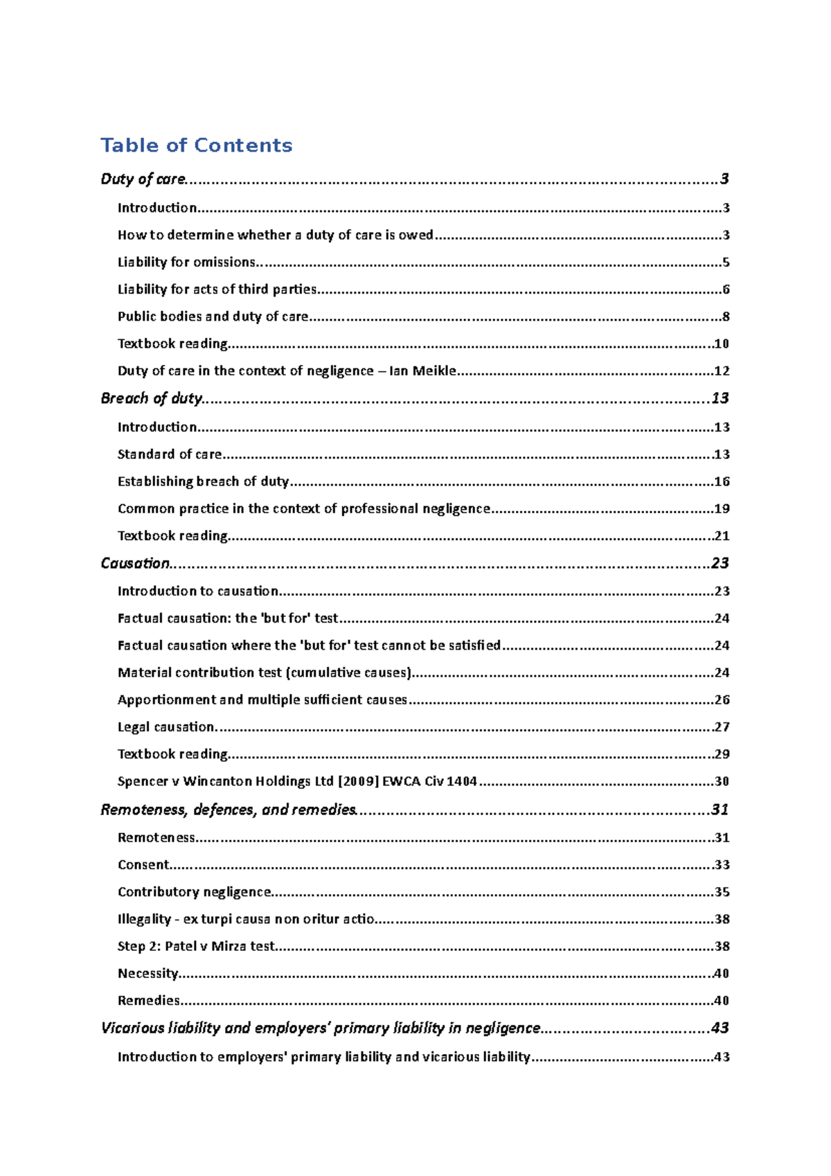 Compiled prepare notes for Tort law workshops - Table of Contents Duty ...