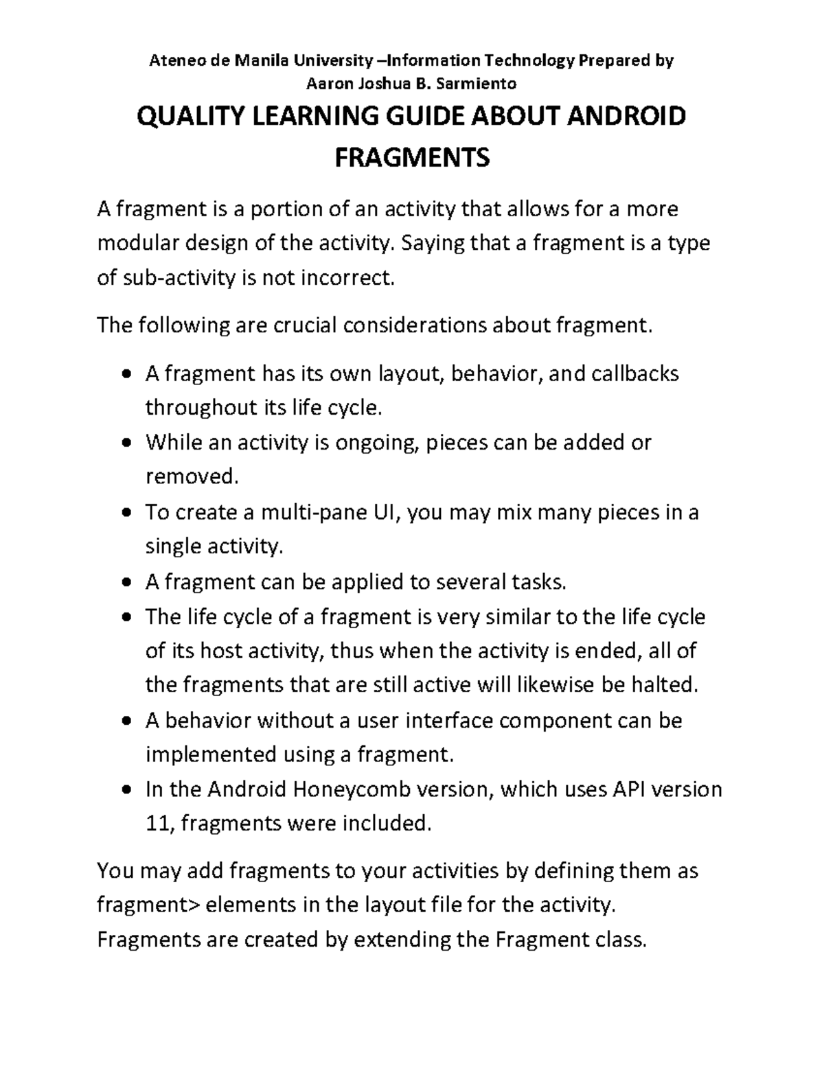 Quality Learning Guide About Android Fragments - Aaron Joshua B. Sarmiento QUALITY LEARNING ...