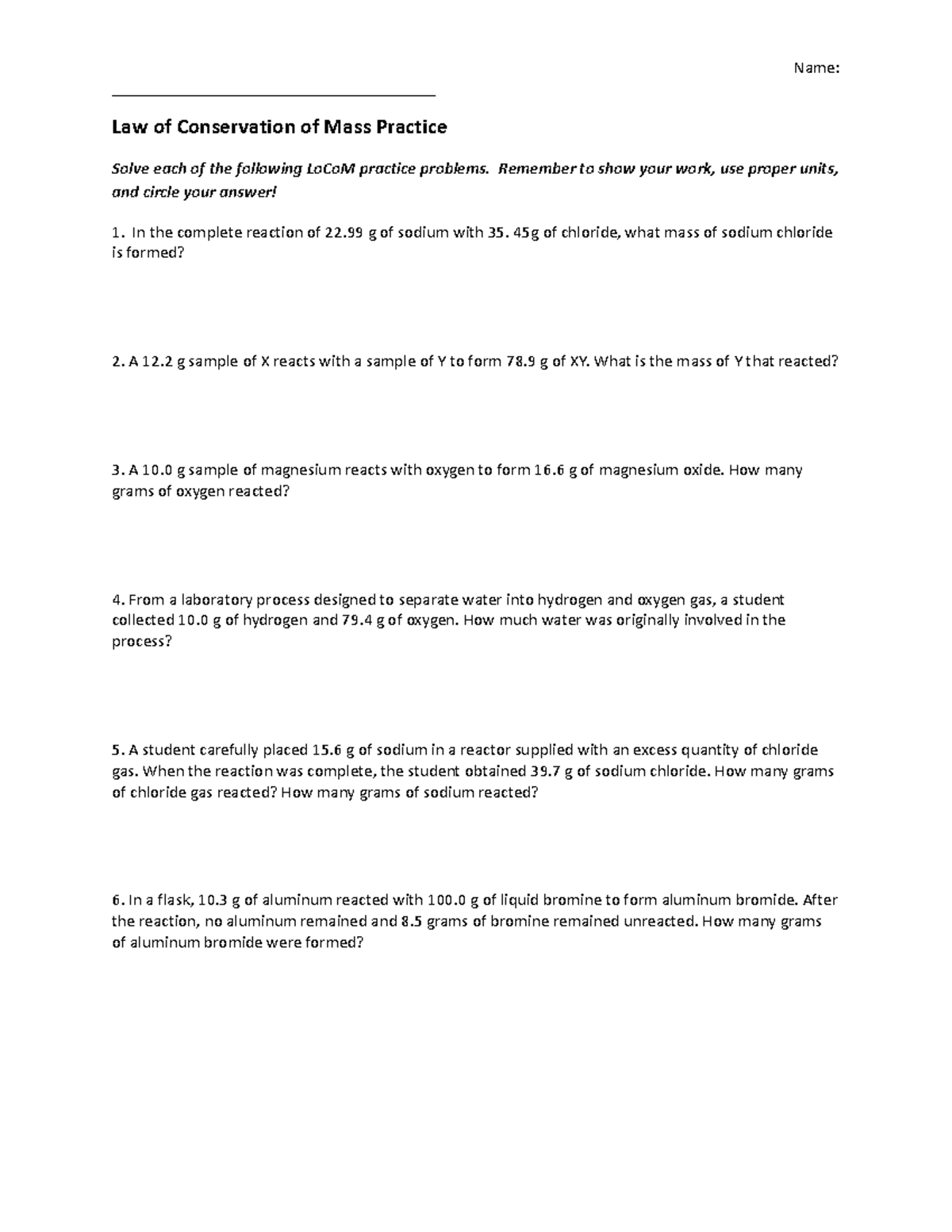 Law of Conservation of Mass Practice - Name: Law of Conservation of ...