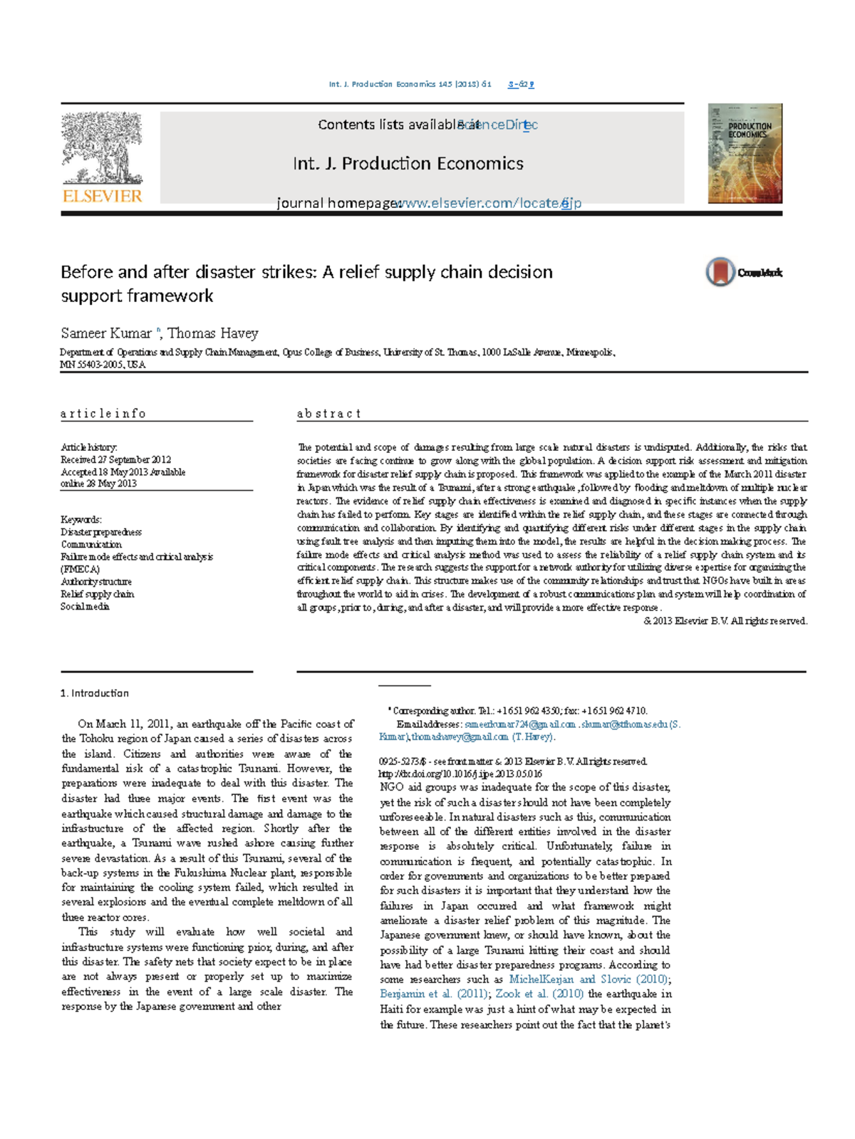 Kumar 2013 - Sameer Kumar n, Thomas Havey Department of Operations and ...