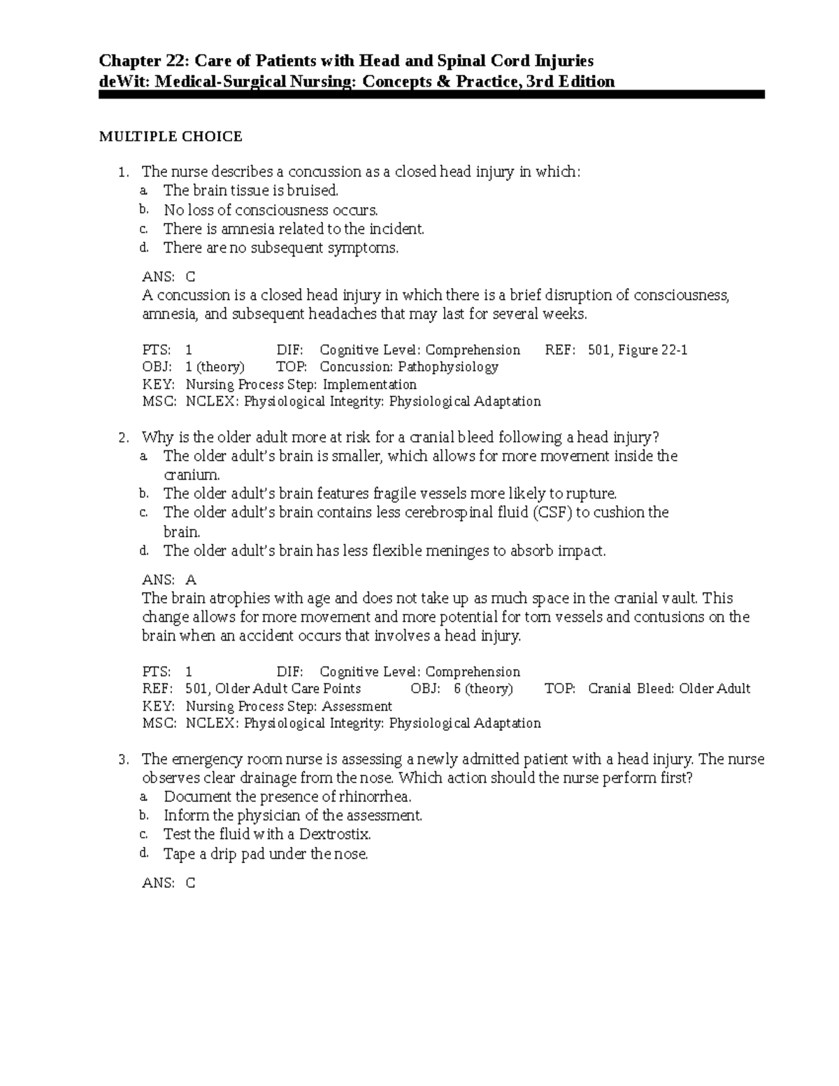 C22 - Notes - Chapter 22: Care of Patients with Head and Spinal Cord ...