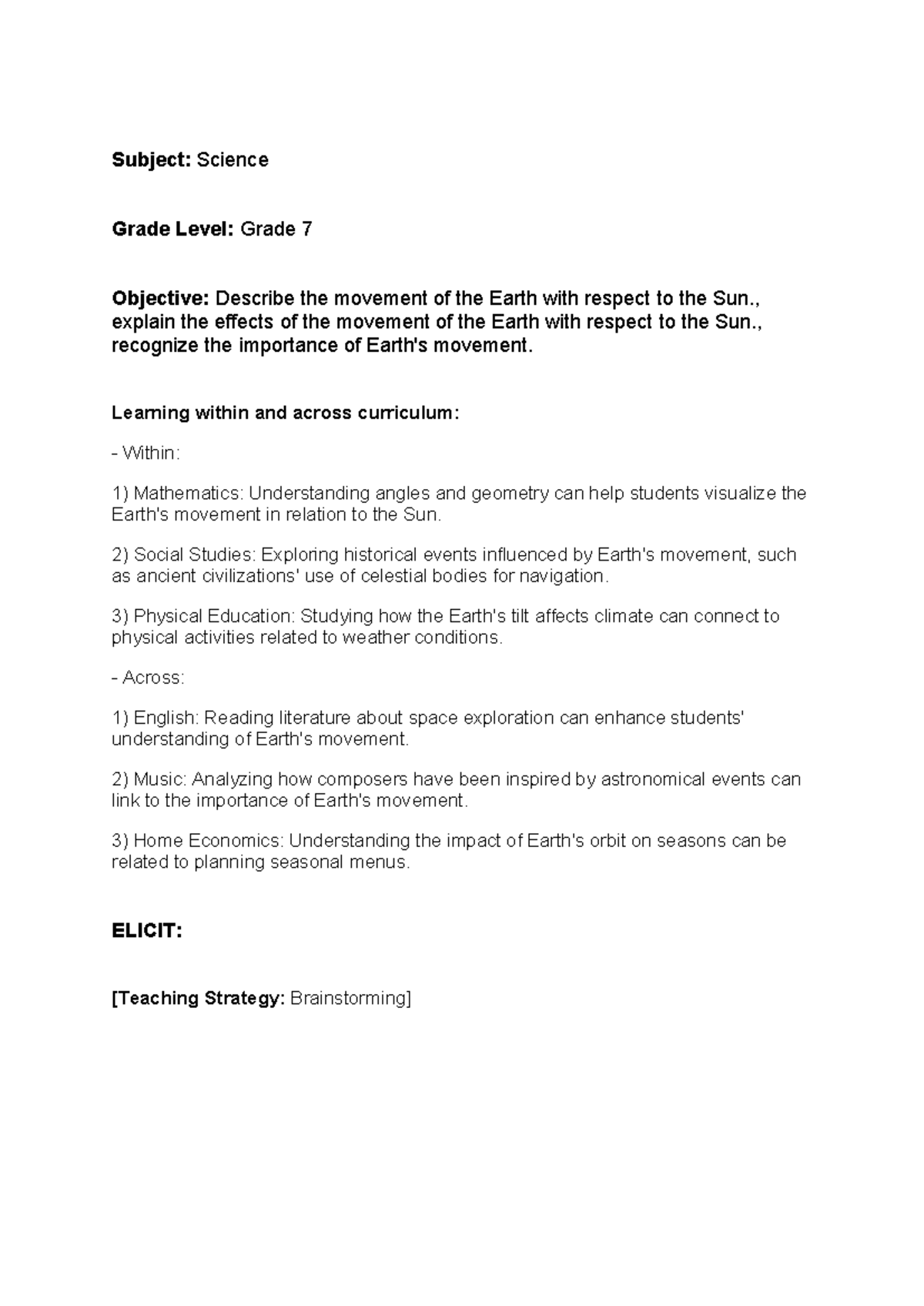 Lesson plan - Subject: Science Grade Level: Grade 7 Objective: Describe ...