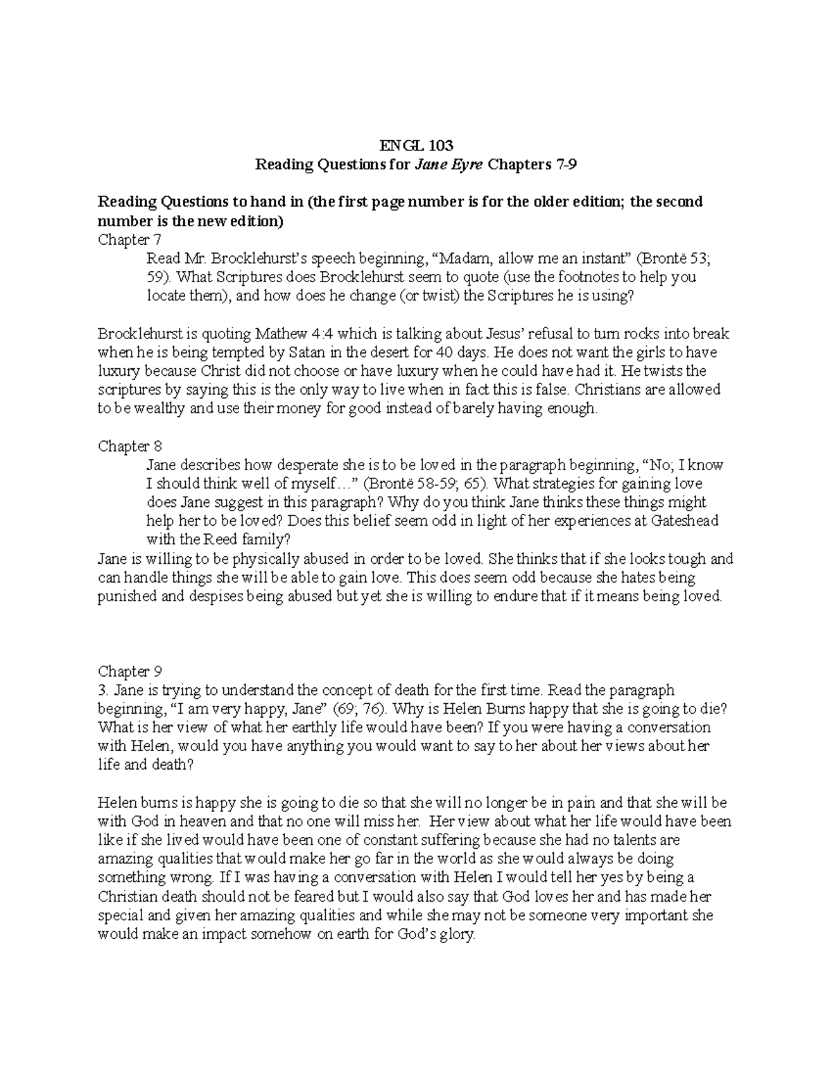 JE Chapters 7 To 9 Questions In Class ENGL 103 Reading Questions For