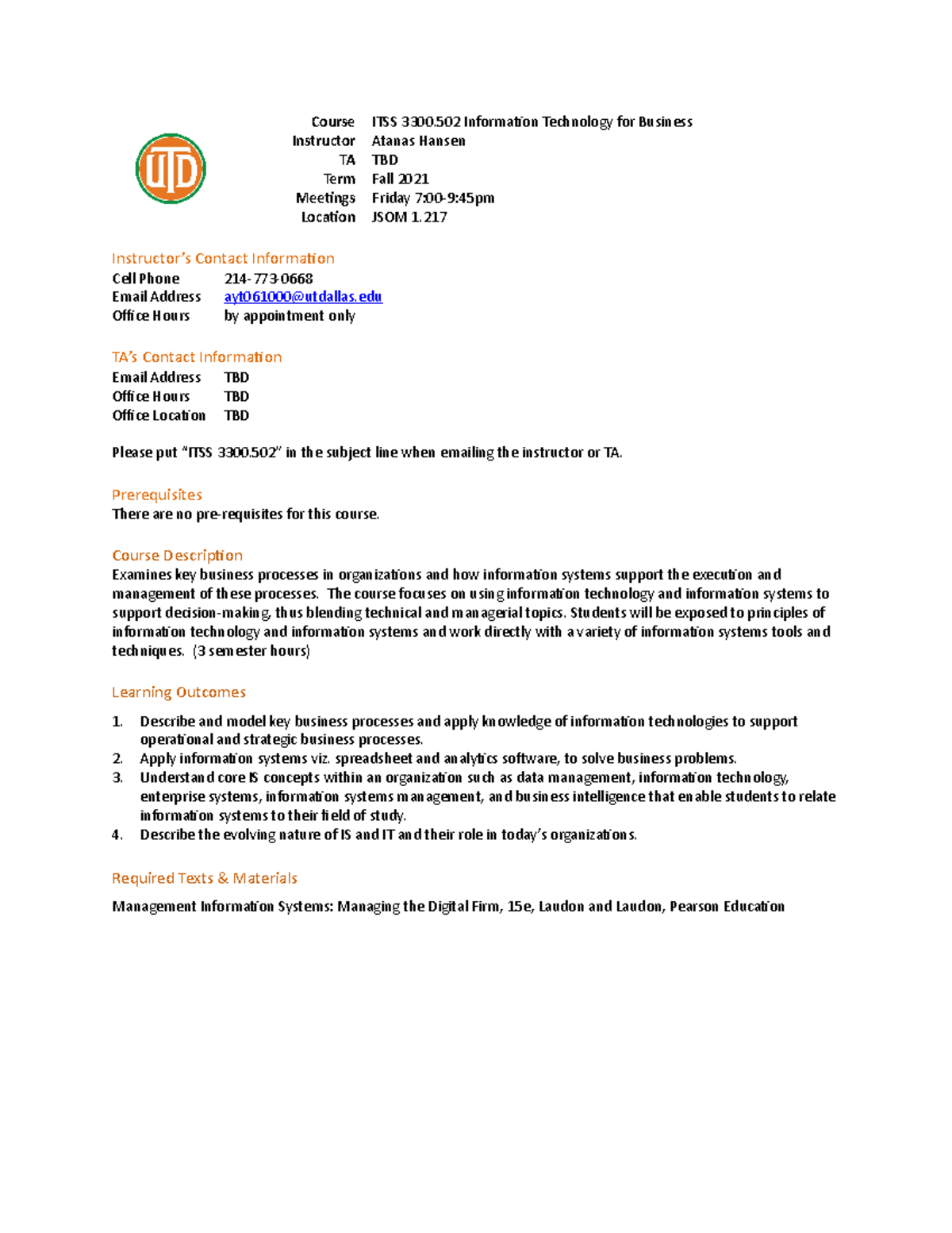 ITSS 3300.502 Syllabus F21(1) - Course ITSS 3300 Information Technology ...