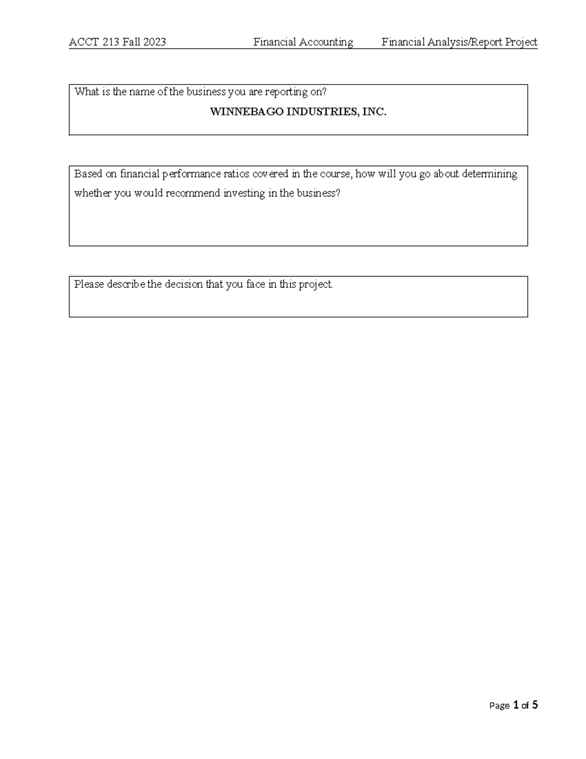 ACCT 213 Financial Analysis - What is the name of the business you are ...