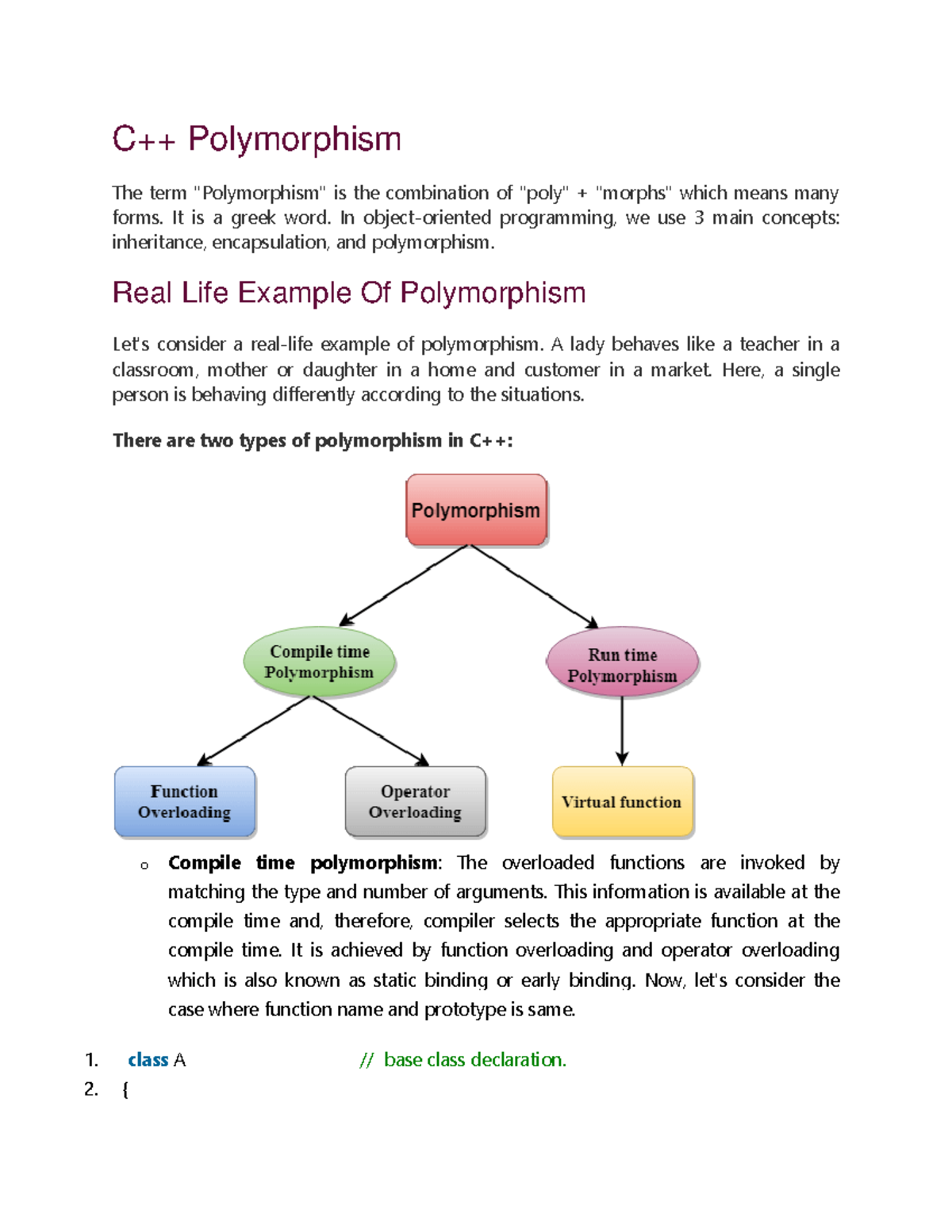 Polymorphism - Note - C++ Polymorphism The term "Polymorphism" is the combination of - Studocu