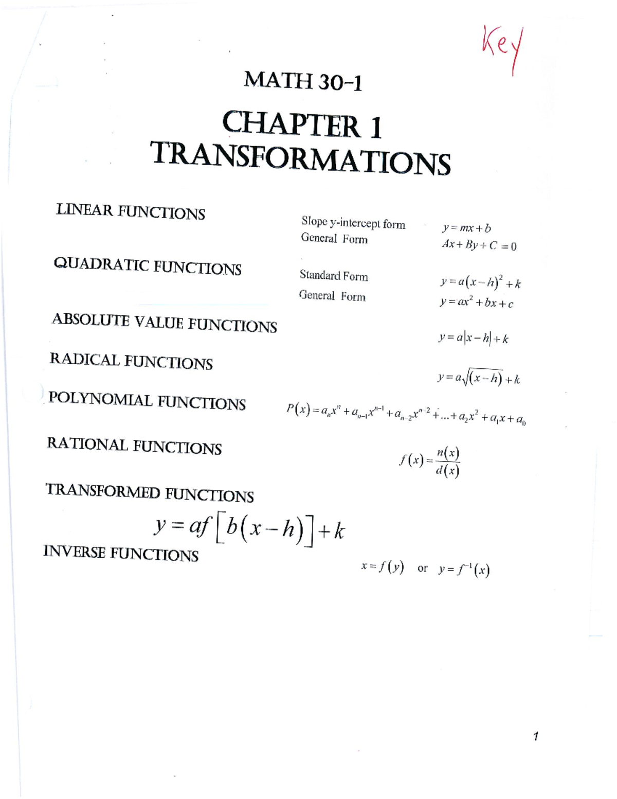 Chapter 1 student note answers - Key MATH CHAPTER 1 TRANSFORMATIONS ...