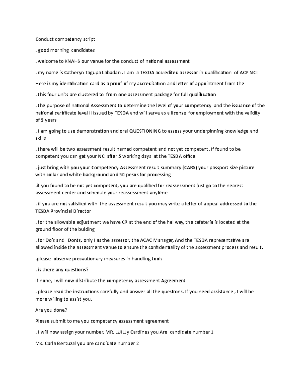 Conduct competency script - good morning candidates . welcome to KNAHS ...