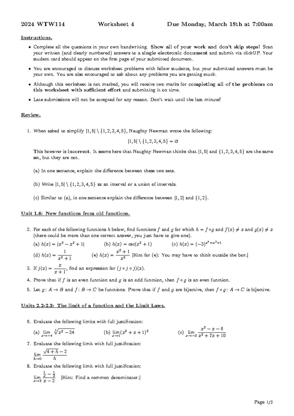 Worksheet 4 - 2024 WTW114 Worksheet 4 Due Monday, March 18th at 7:00am ...