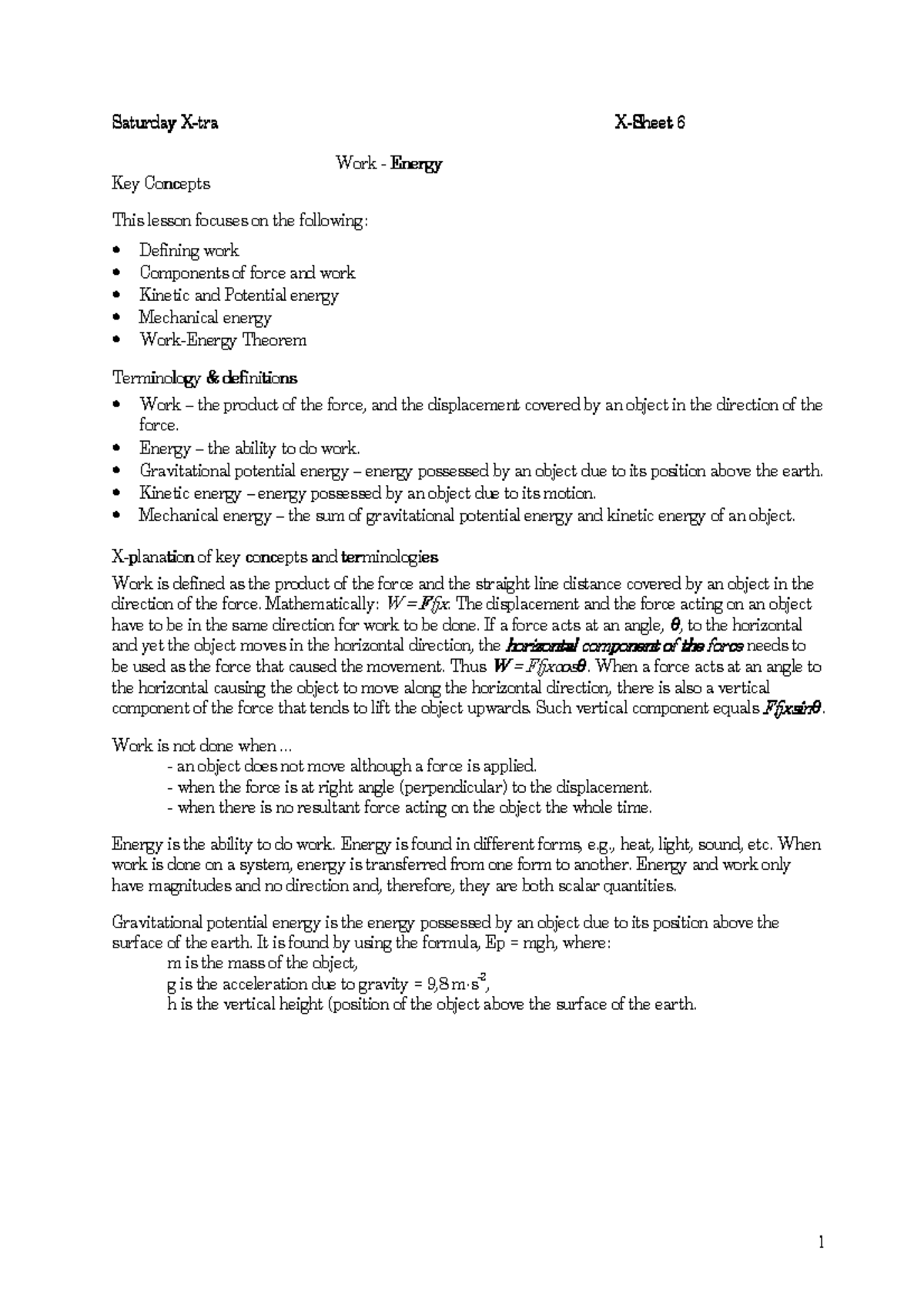 Work -Energy - Grade 12 PHYSICAL SCIENCES NOTES - - Studocu