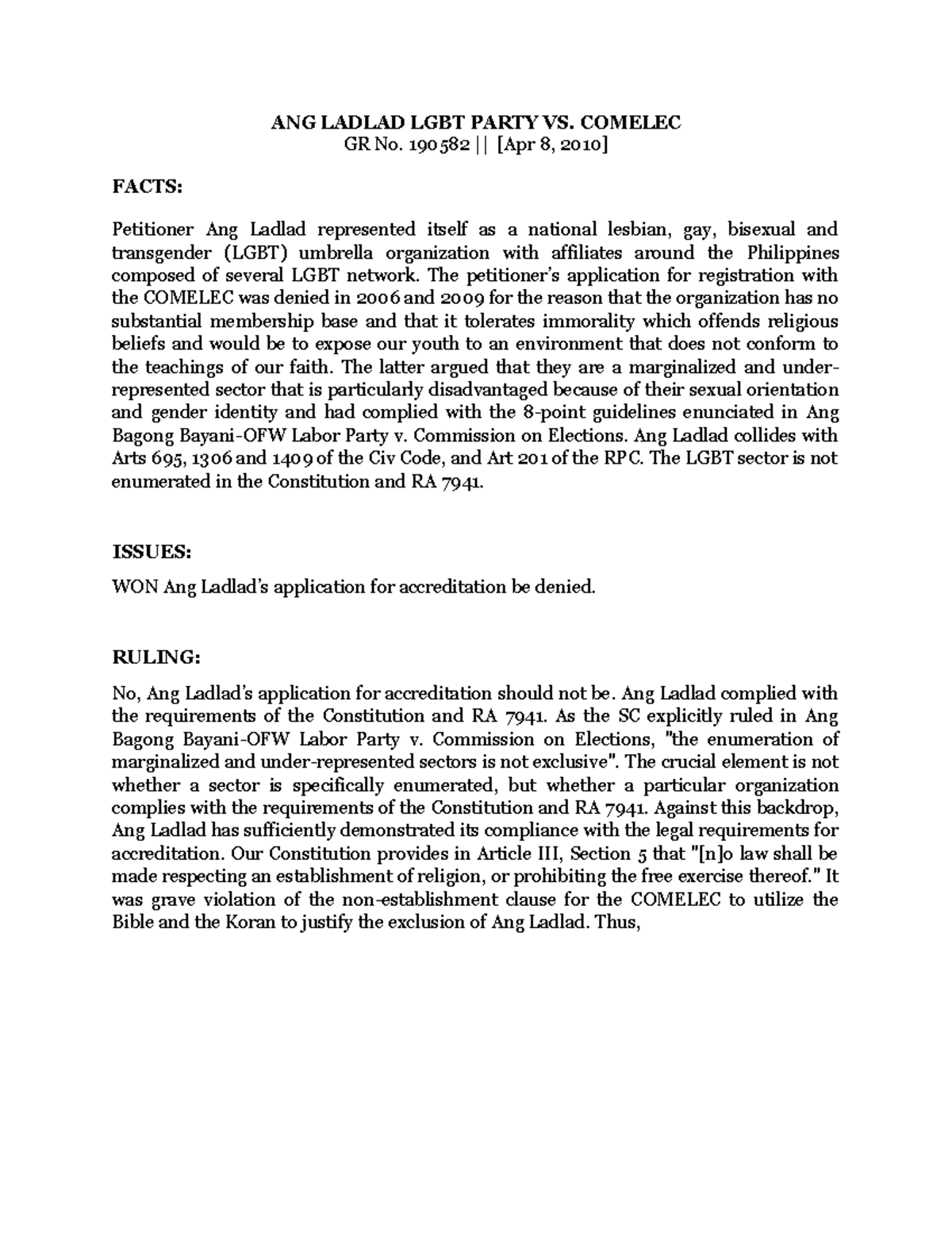 ANG Ladlad LGBT Party V - Digest - ANG LADLAD LGBT PARTY VS. COMELEC GR ...