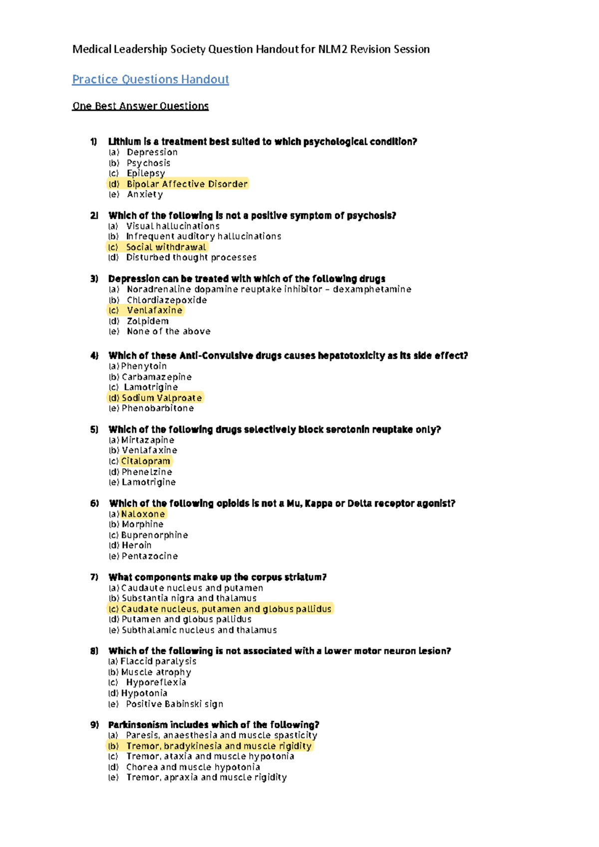 Question Handout - Practice Questions Handout One Best Answer Questions ...