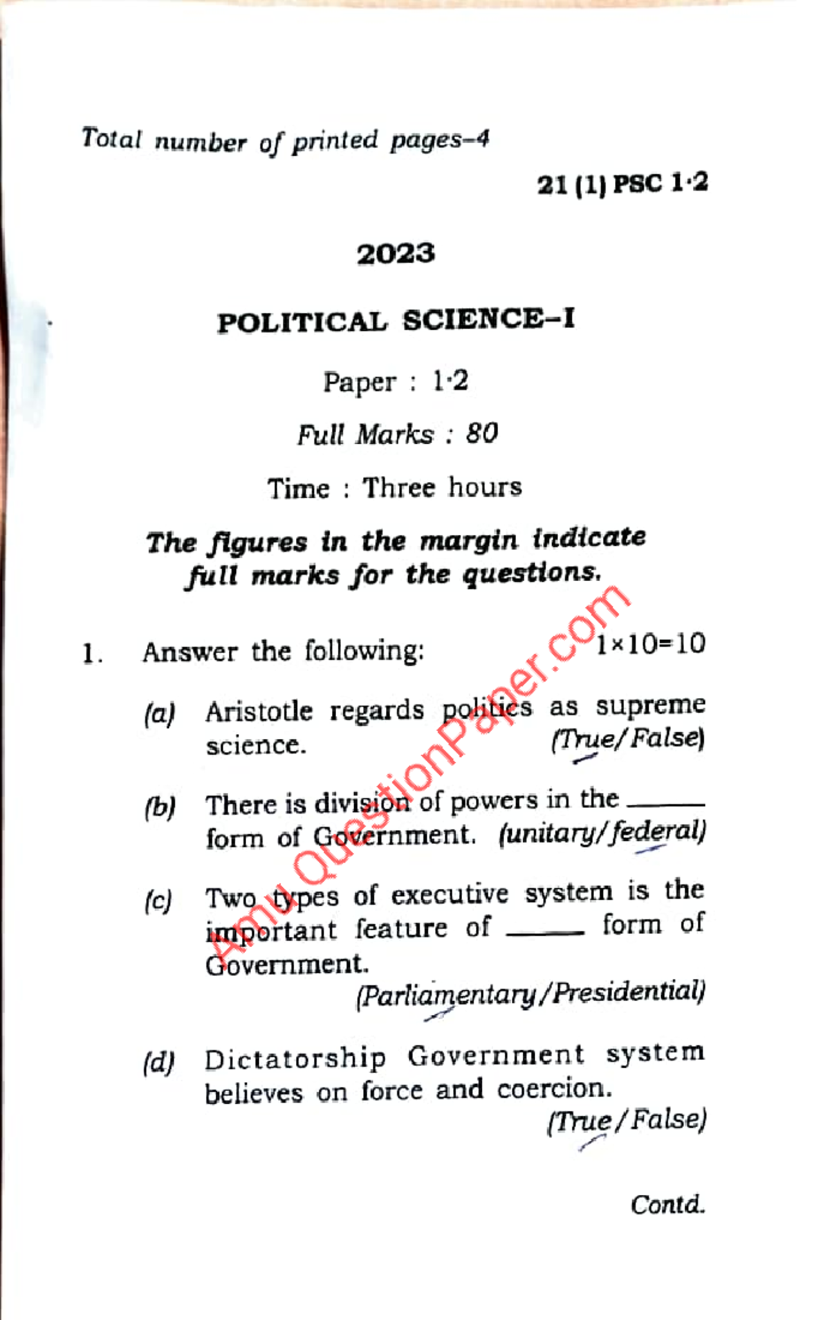 Ballb Political Science Question Paper 2023 - Total number of printed ...