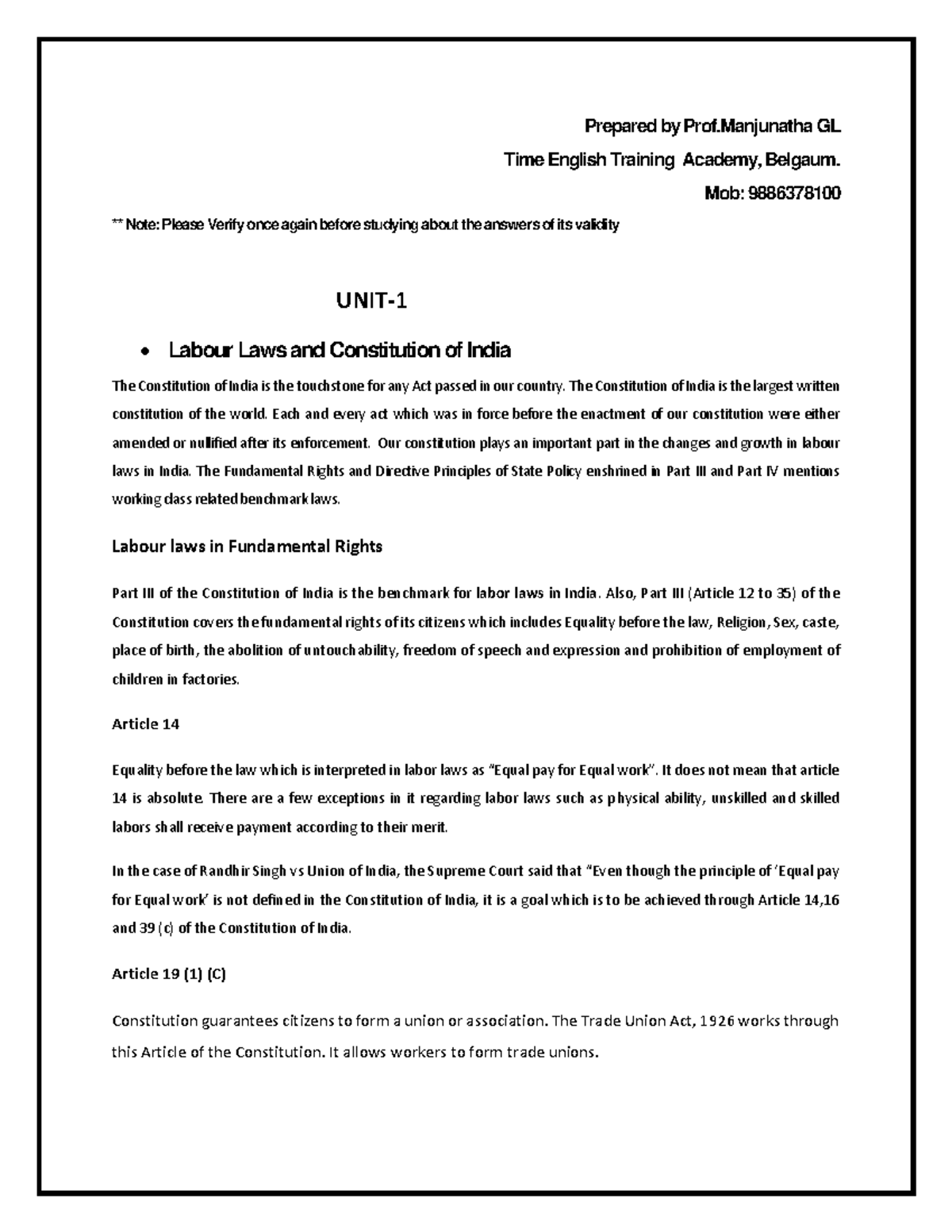 Labour law 2 Notes by Prof.Manjunatha 26 - Prepared by Prof GL Time ...