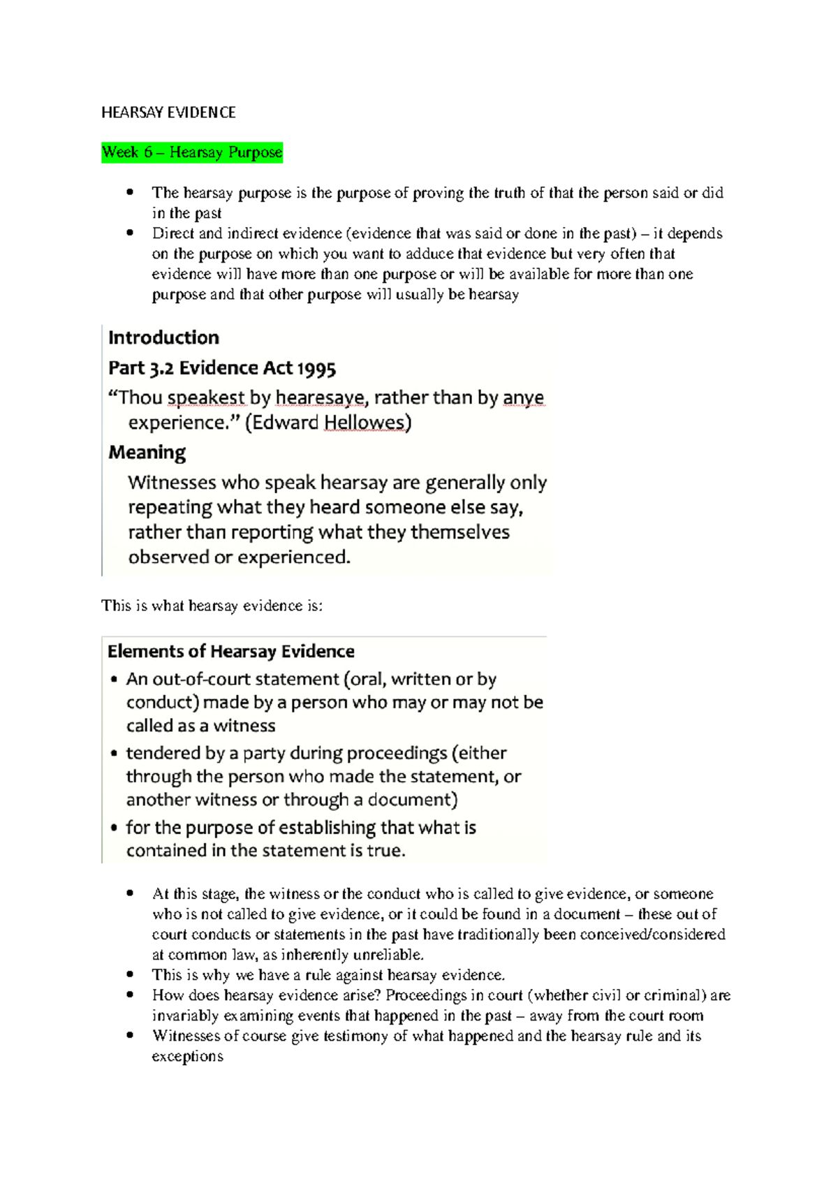 Hearsay Evidence - HEARSAY EVIDENCE Week 6 – Hearsay Purpose The ...