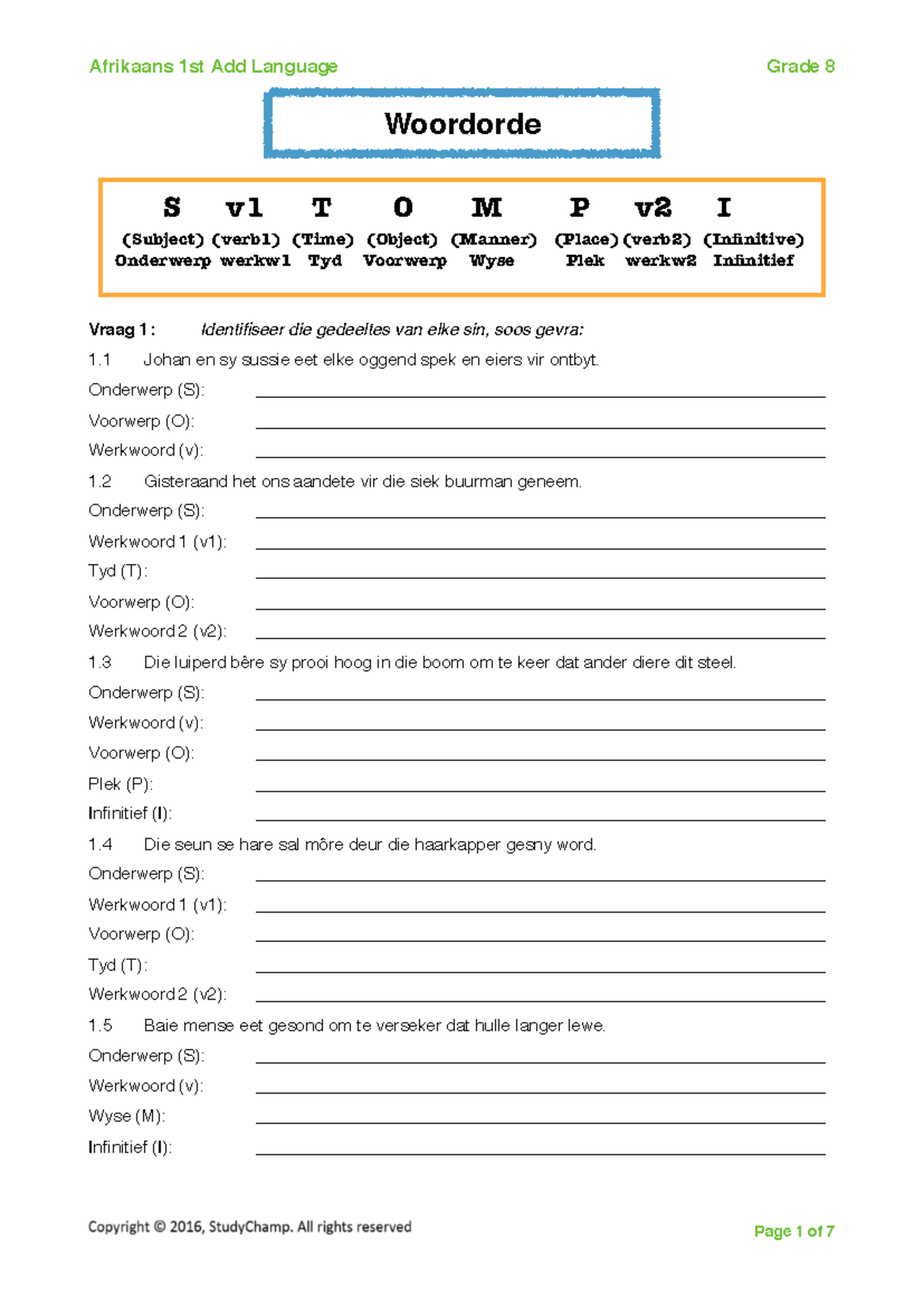 Stompi worksheet - Afrikaans FAL - Vraag 1: Identifiseer die gedeeltes ...