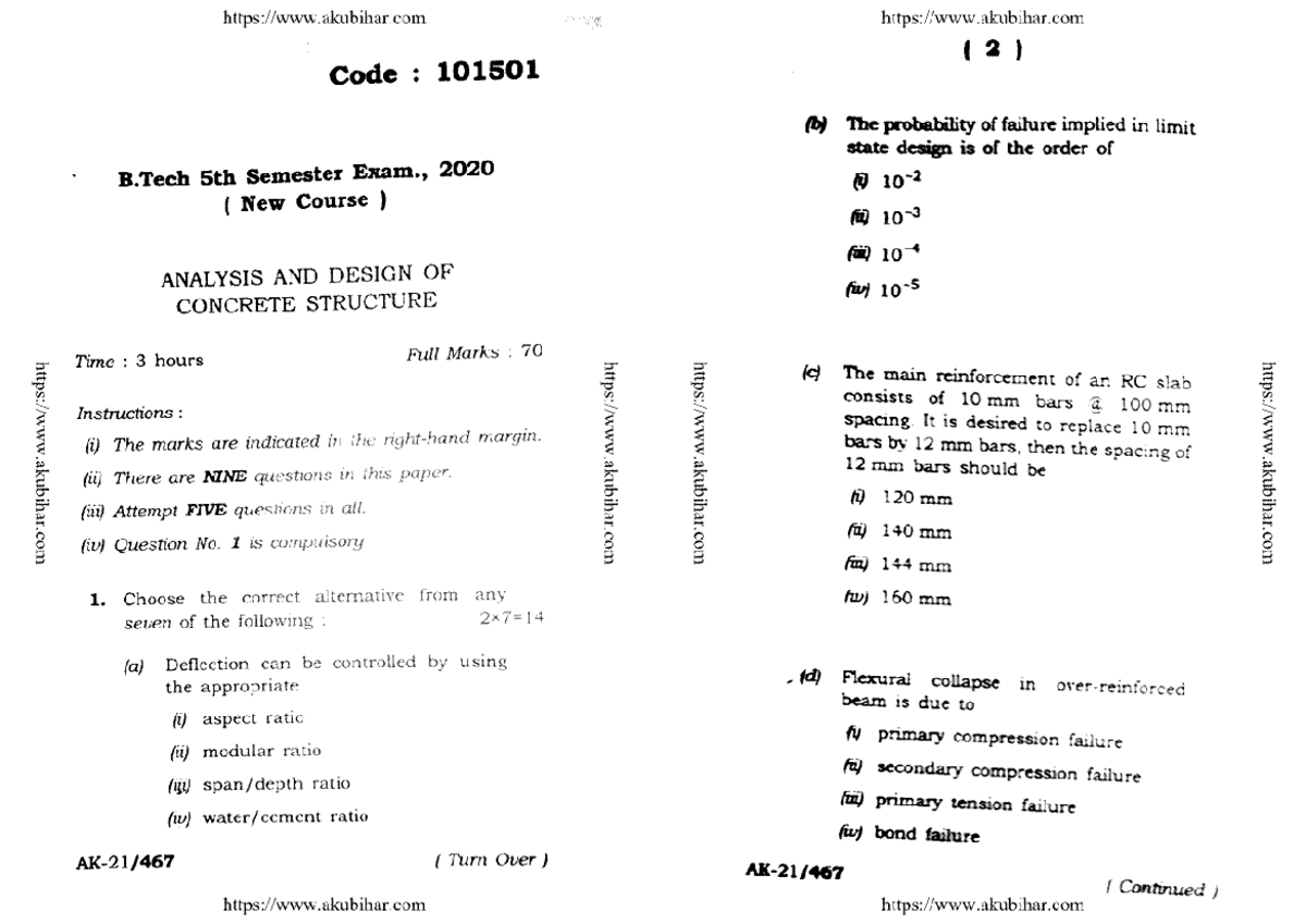 Btech ce 5 sem analysis and design of concrete structure 101501 2020 - Computer Science SL - Studocu