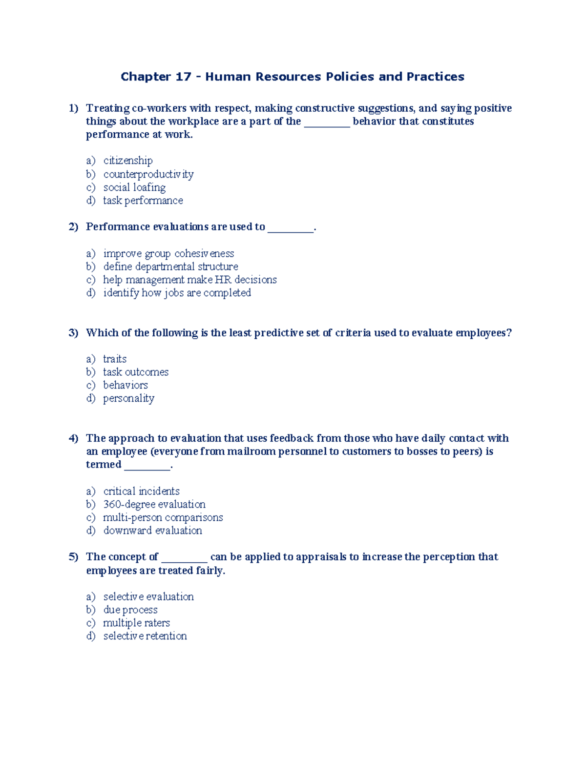 Chapter 17 Multiple Choice - Chapter 17 - Human Resources Policies and ...
