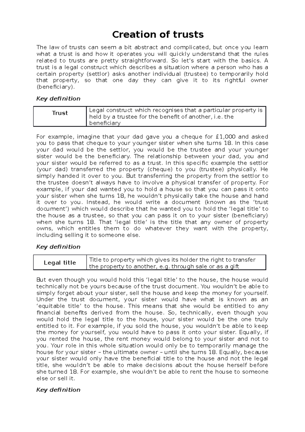 Complete Equity and Trusts Guide - Creation of trusts The law of trusts ...
