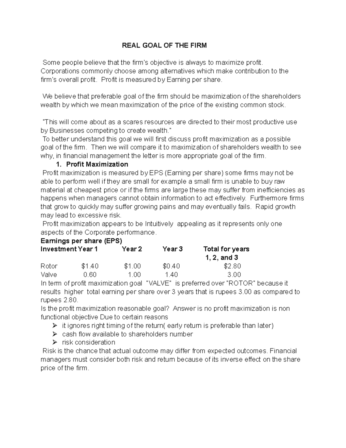 GOAL OF FIRM - financial management lecture notes - REAL GOAL OF THE ...