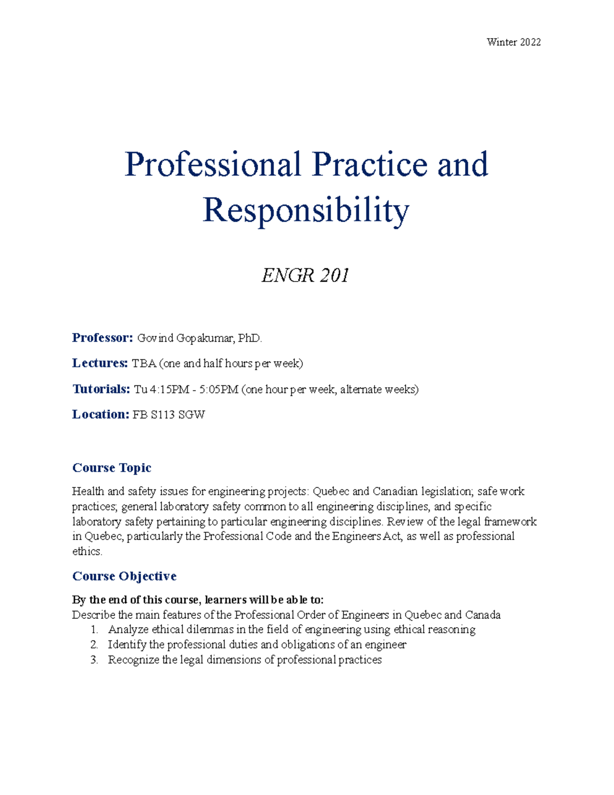 ENGR 201 Outline and title page - Professional Practice and ...
