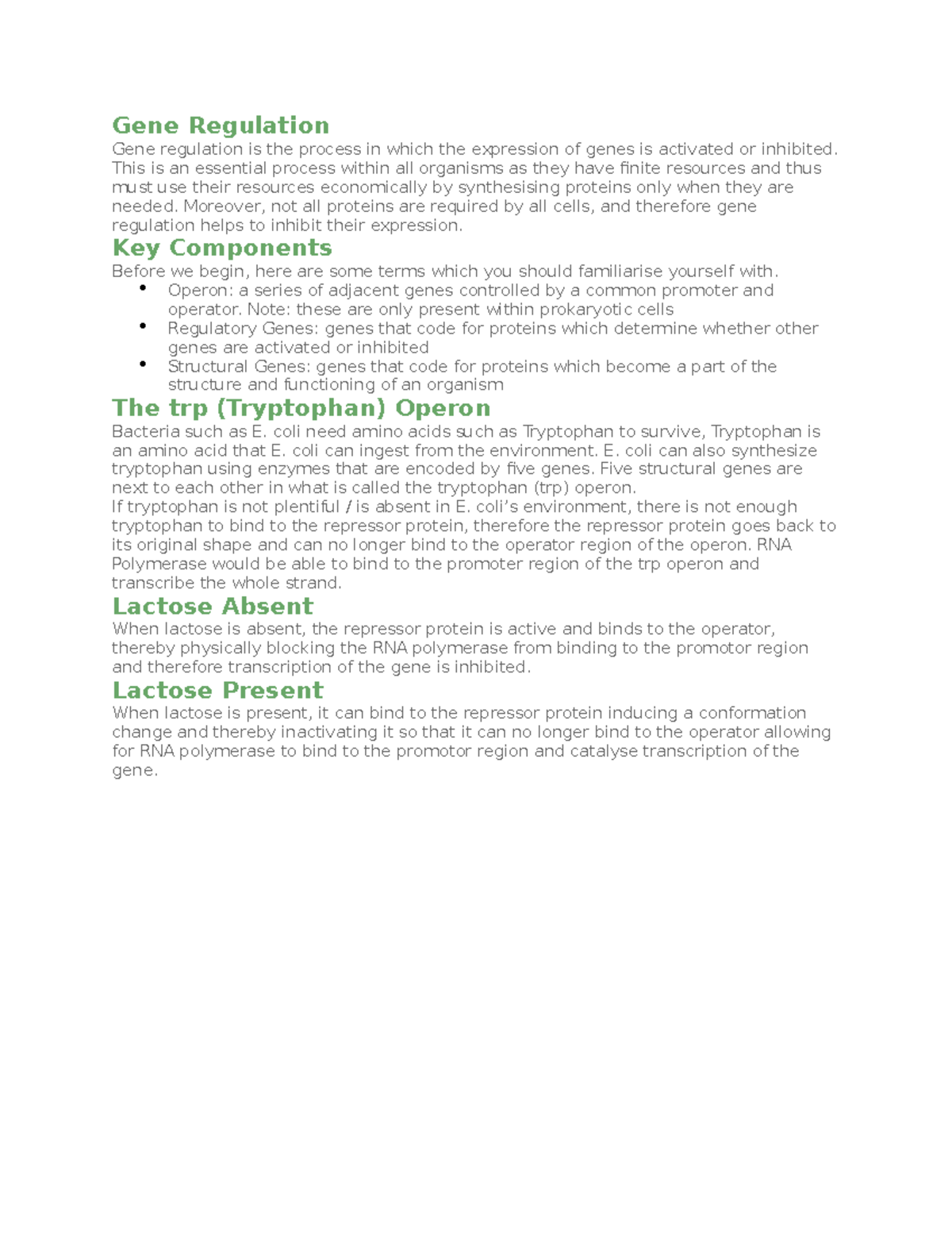 Gene regulation - notes - Gene Regulation Gene regulation is the ...