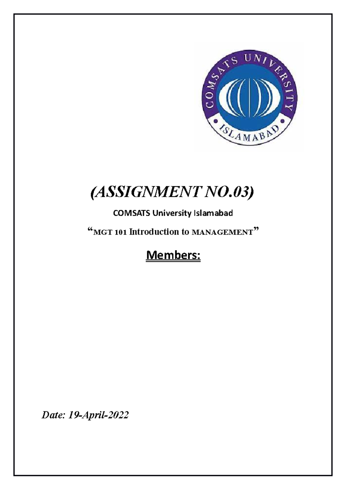 Management assignment 3 - (ASSIGNMENT NO) COMSATS University Islamabad “MGT 101 Introduction to ...