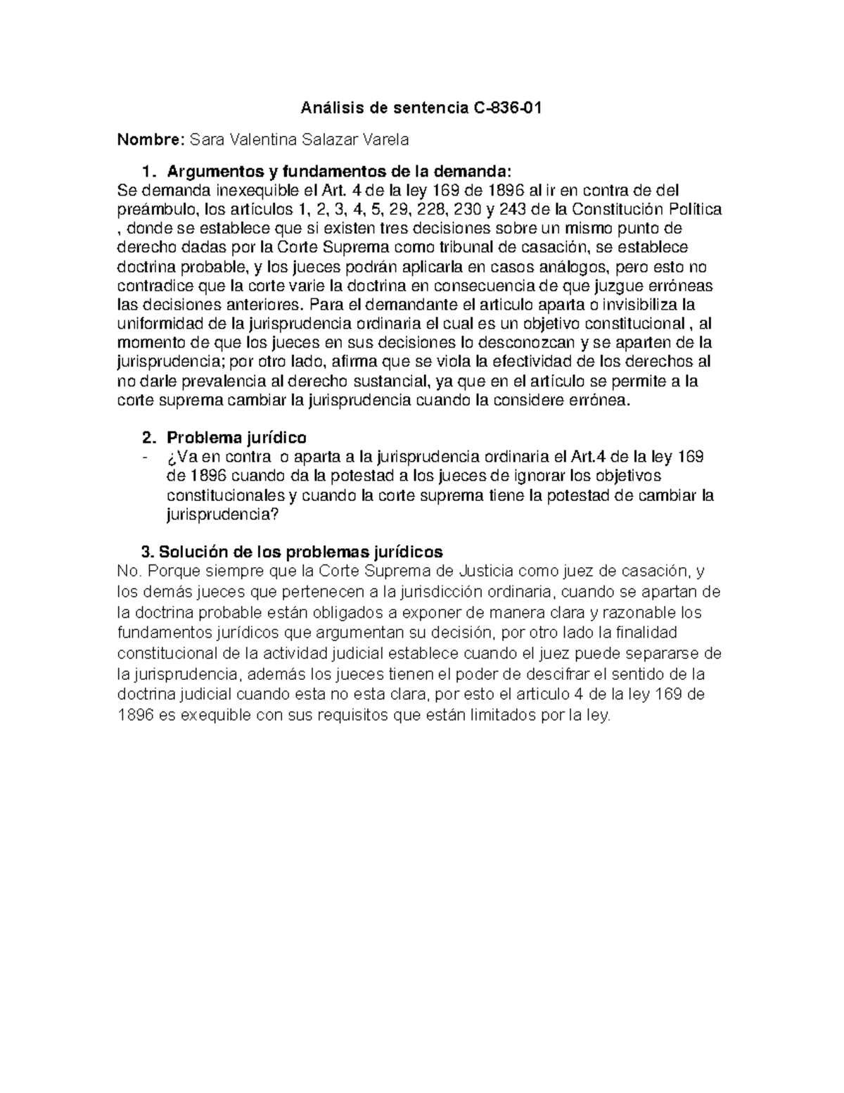 Sentencia C-836-01 - Análisis de sentencia C- 836 - 01 Nombre: Sara ...