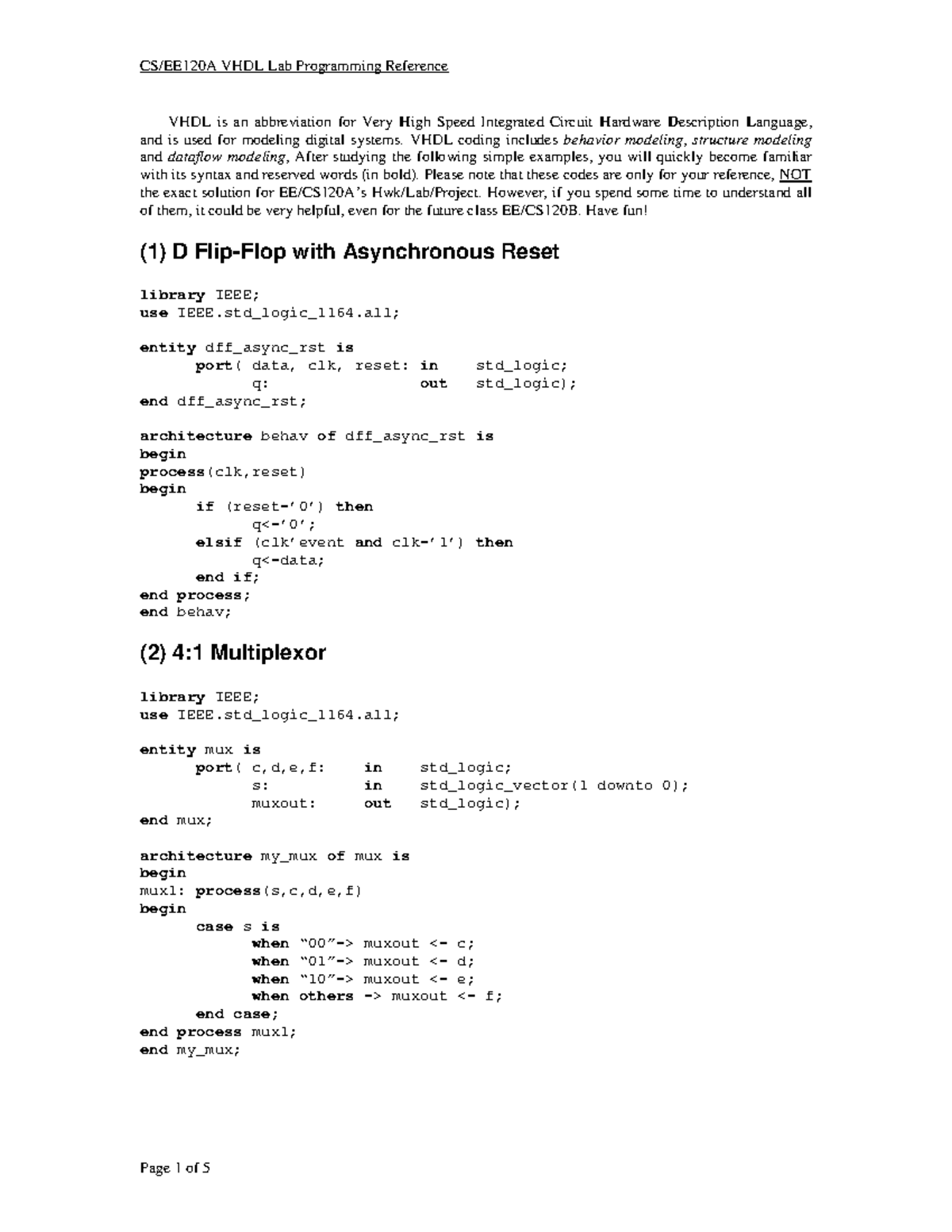 Vhdlsample - Vhdl sample reset - VHDL Lab Programming Reference VHDL is ...