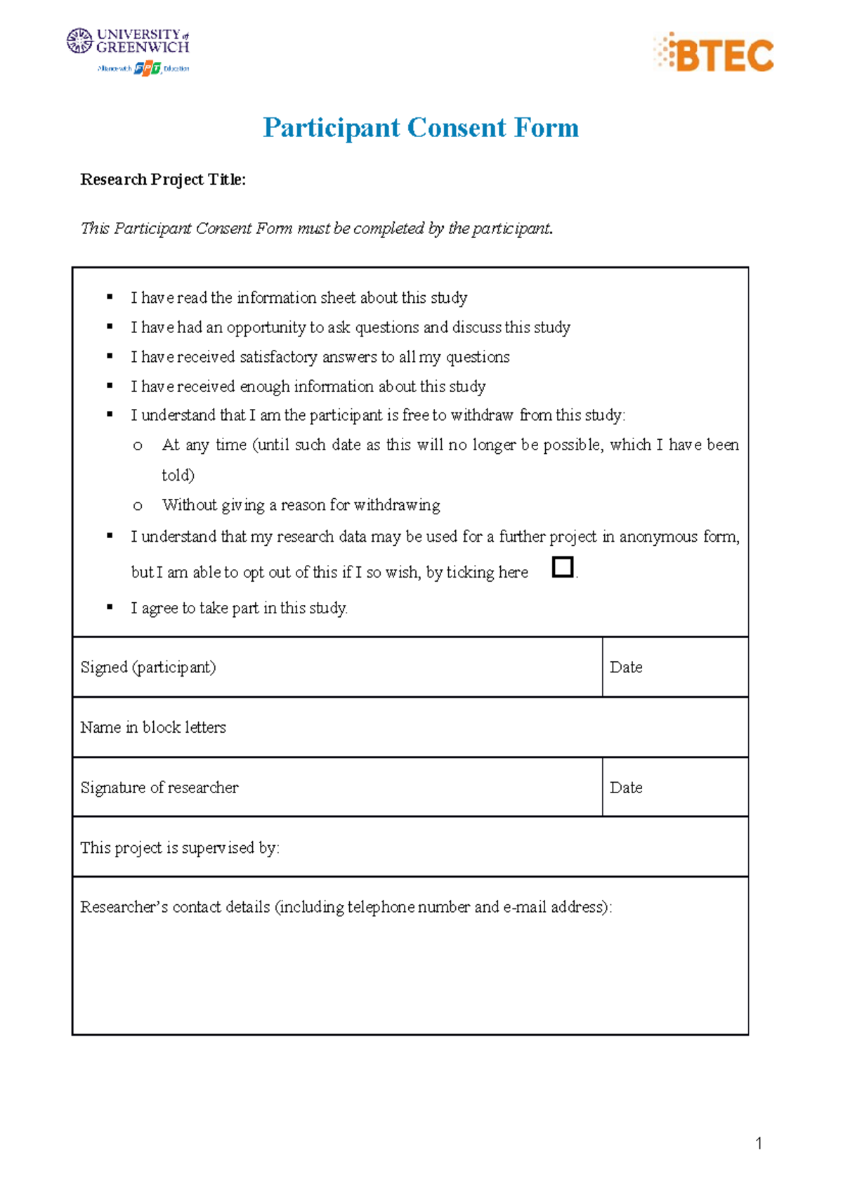 Participant Consent Form - I have read the information sheet about this ...