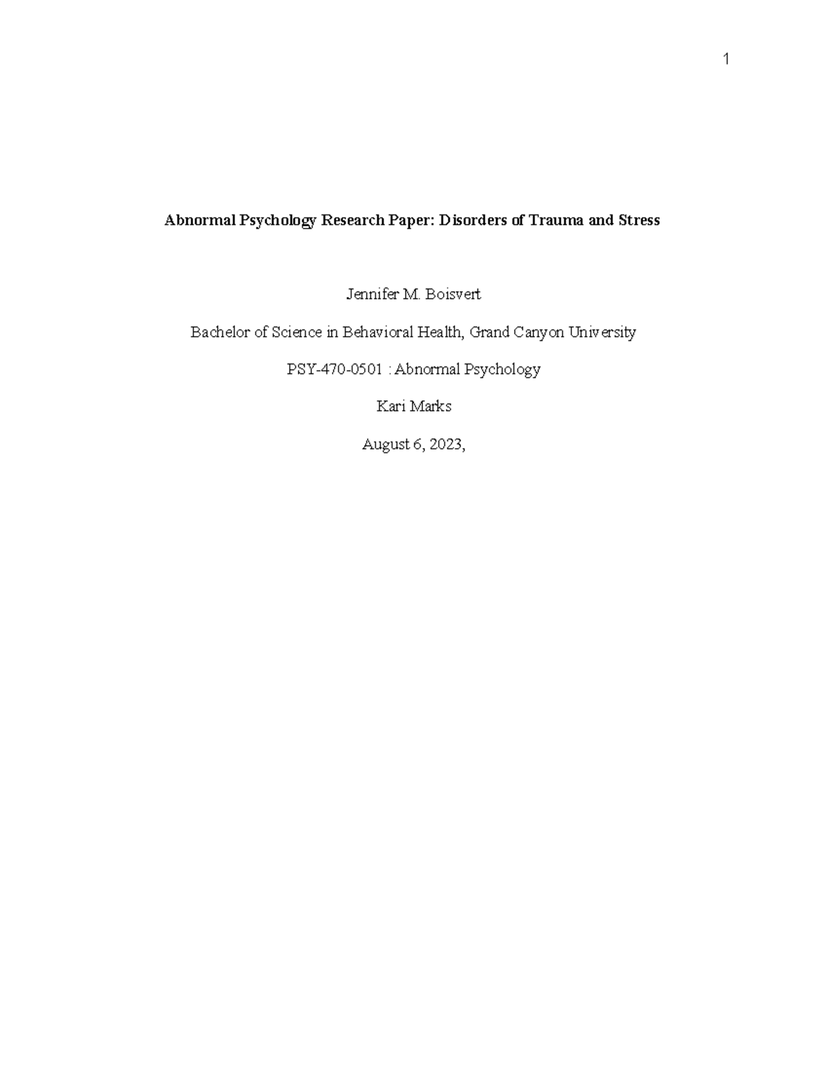 Disorders of Trauma and stress (3) - Abnormal Psychology Research Paper ...