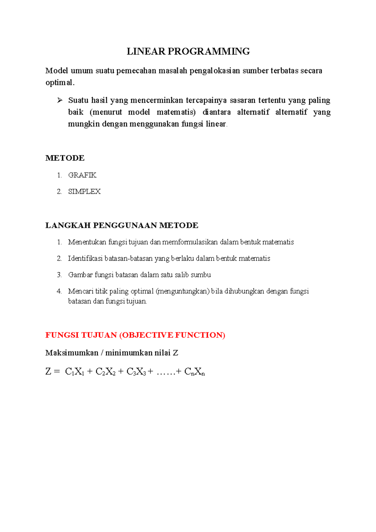 RO linier pro-MS Sns - LINEAR PROGRAMMING Model umum suatu pemecahan masalah pengalokasian ...