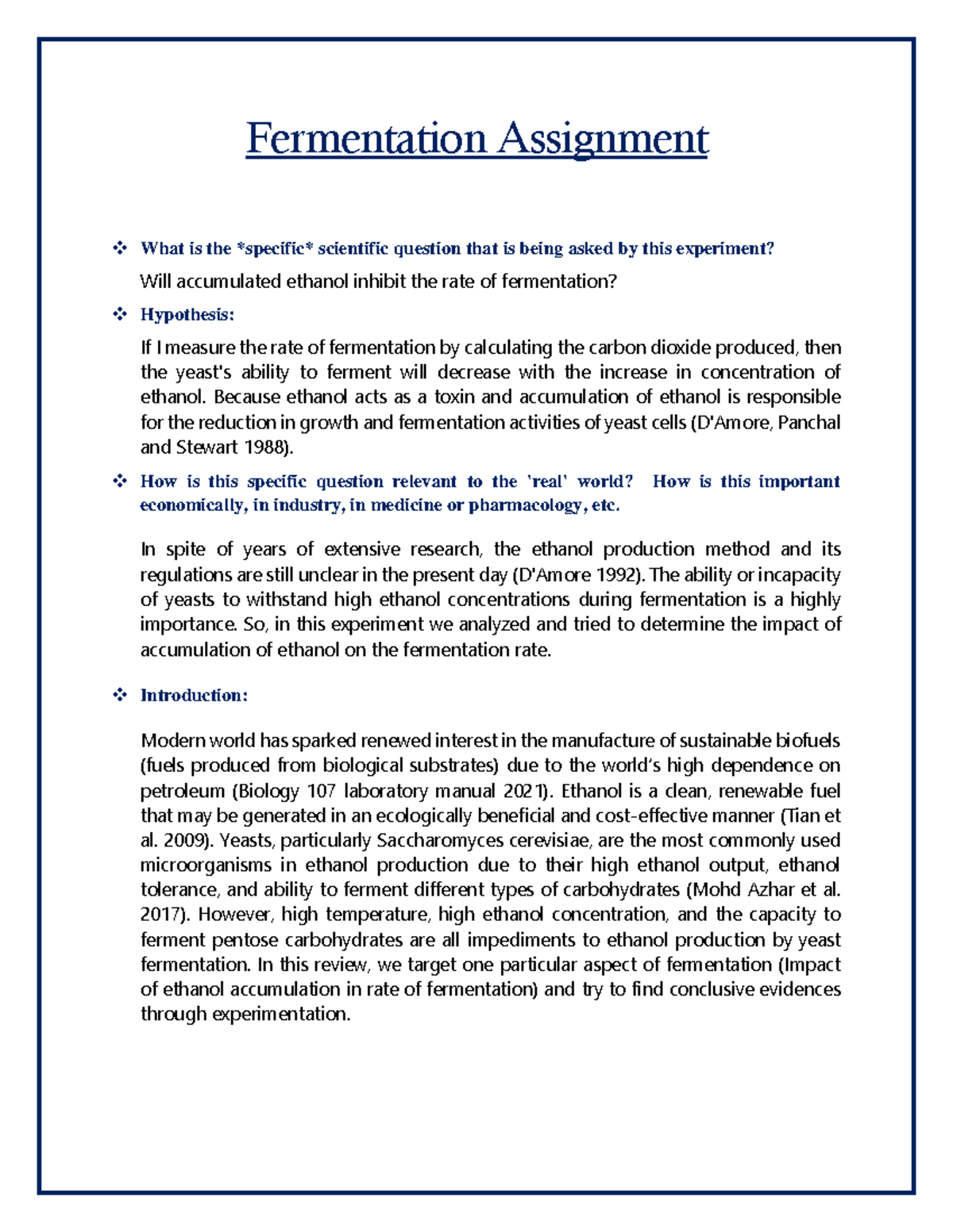 Fermentation Assignment (Biol Lab) - Fermentation Assignment What is the specific scientific ...