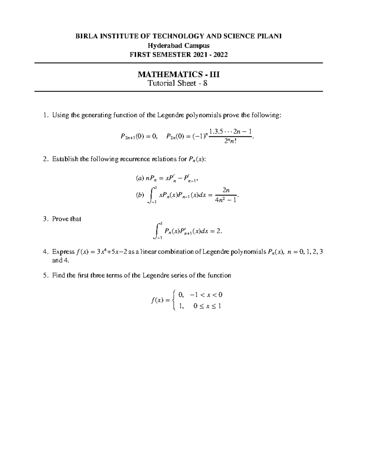 T-08 (14-11-2022) - Tut sheets for practice - BIRLA INSTITUTE OF TECHNOLOGY AND SCIENCE PILANI ...