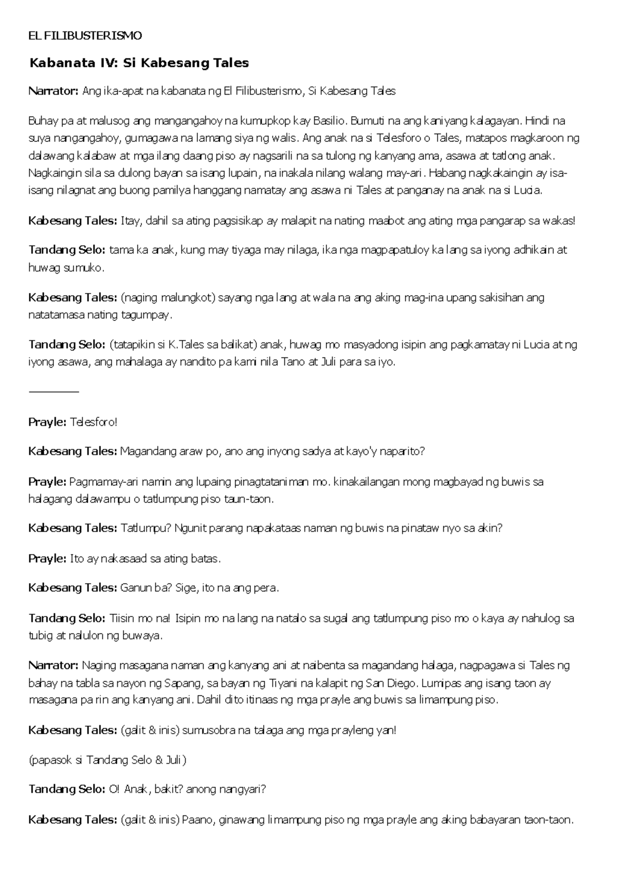 El Filibusterismo Script - EL FILIBUSTERISMO Kabanata IV: Si Kabesang Tales Narrator: Ang ika ...
