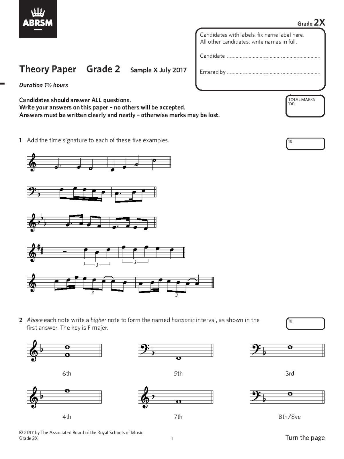 Abrsm-Grade-2 - 1 Theory Paper Grade 2 Sample X July 2017 Duration 1½ ...