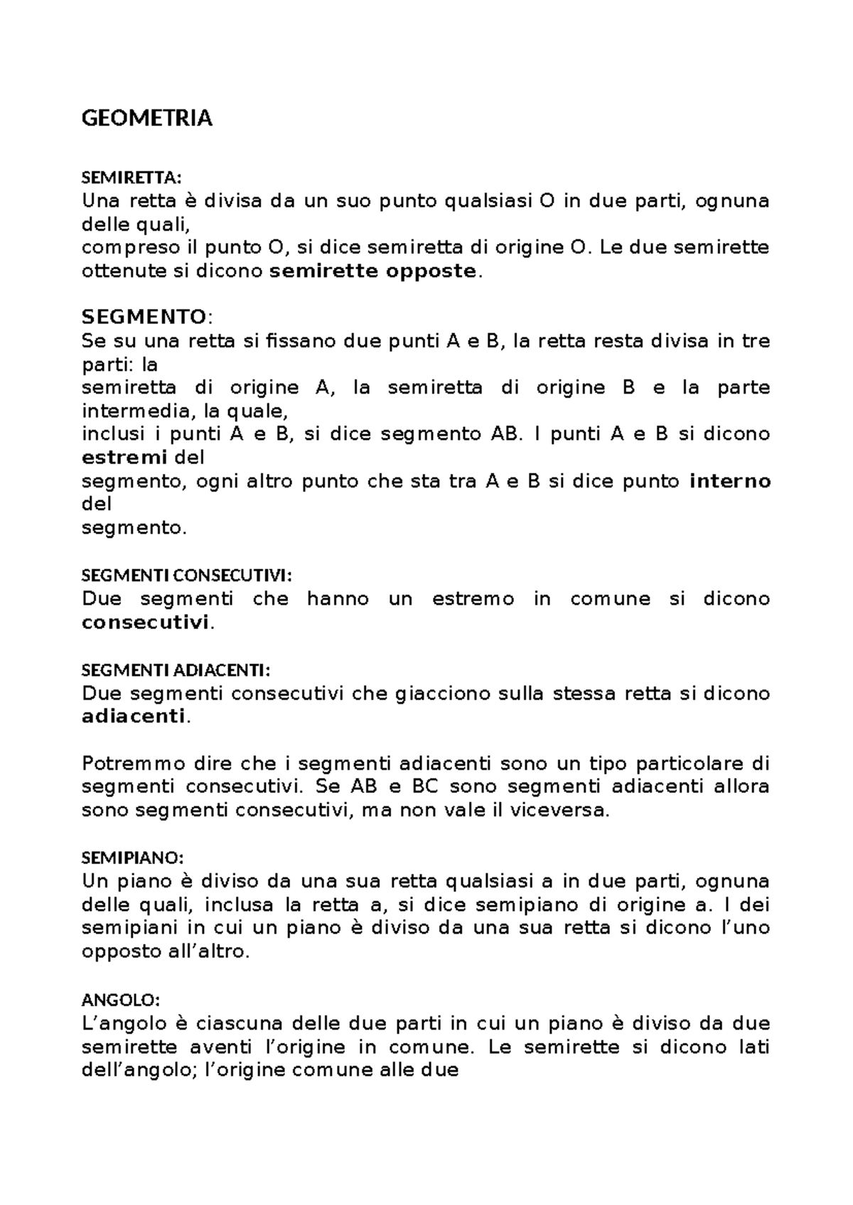 Geometria - GEOMETRIA SEMIRETTA: Una retta è divisa da un suo punto ...