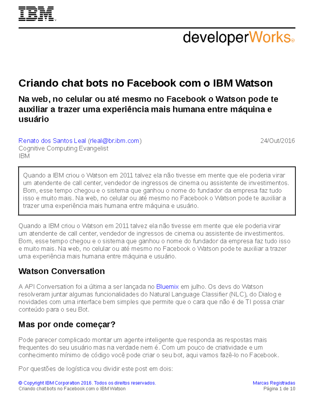 01 criando chat bots ibm watson pt1 pdf - © Copyright IBM Corporation ...
