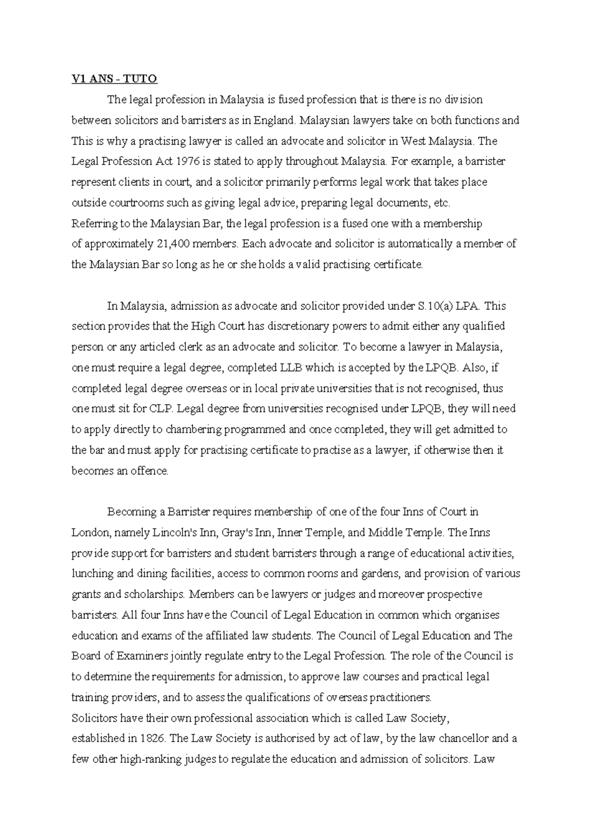 Fused Profession Essay ANS - V1 ANS - TUTO The legal profession in ...