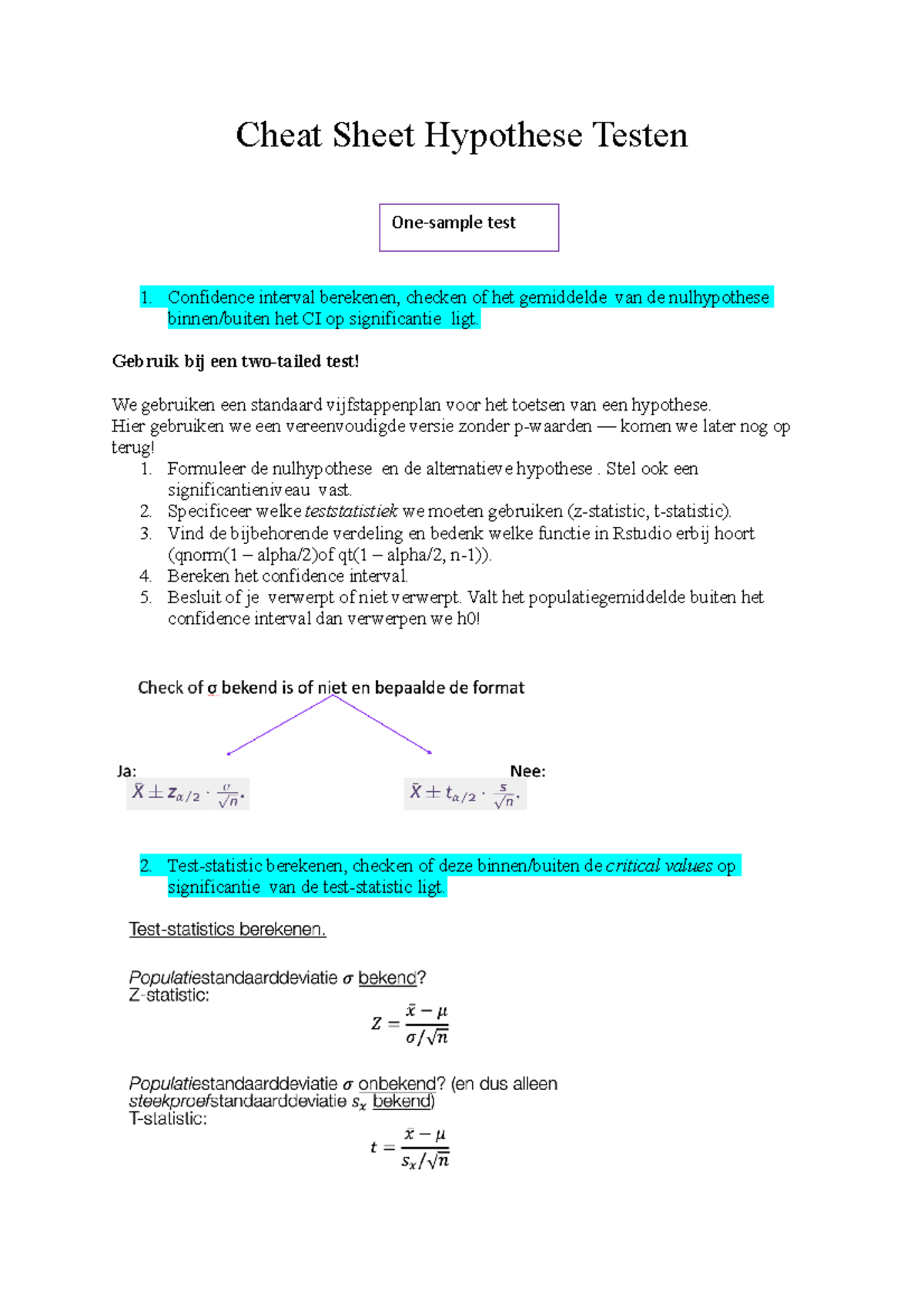 Cheat Sheet Hypothese Testen - Cheat Sheet Hypothese Testen Confidence ...