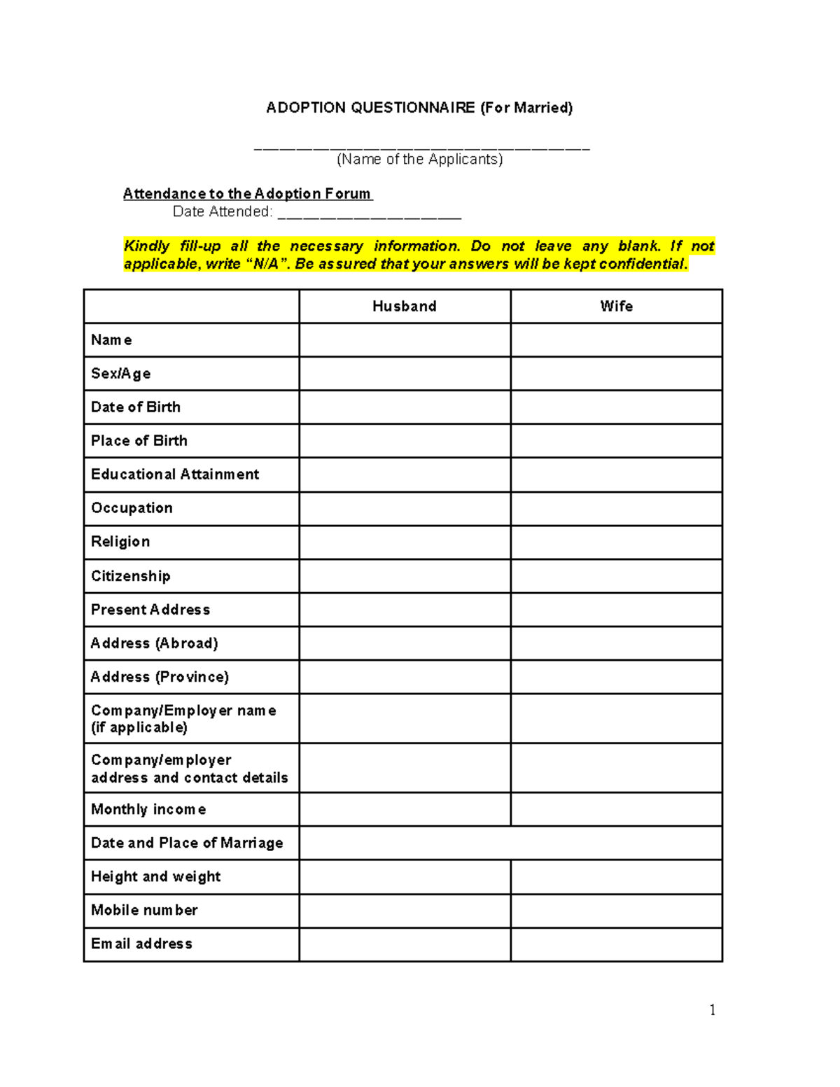 C.) Adoption Questionnaire (Married) - ADOPTION QUESTIONNAIRE (For ...