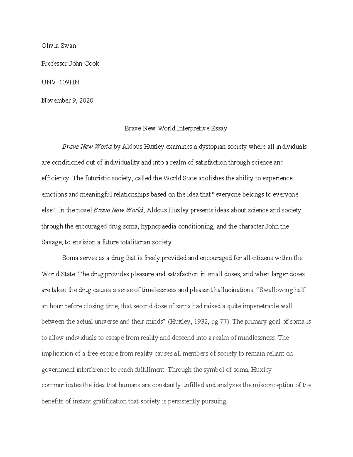 Brave New World Interpretive Essay long - UNV-109HN - GCU - Studocu