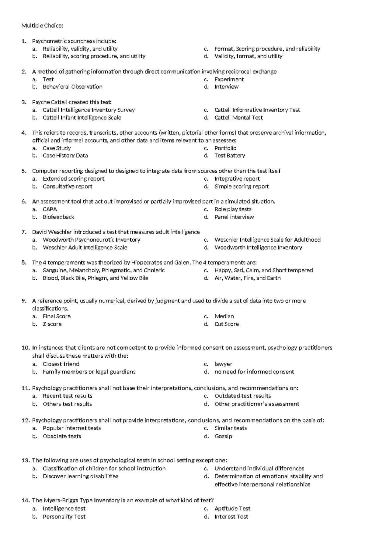 Psych Assessment sample test - Multiple Choice: Psychometric soundness ...