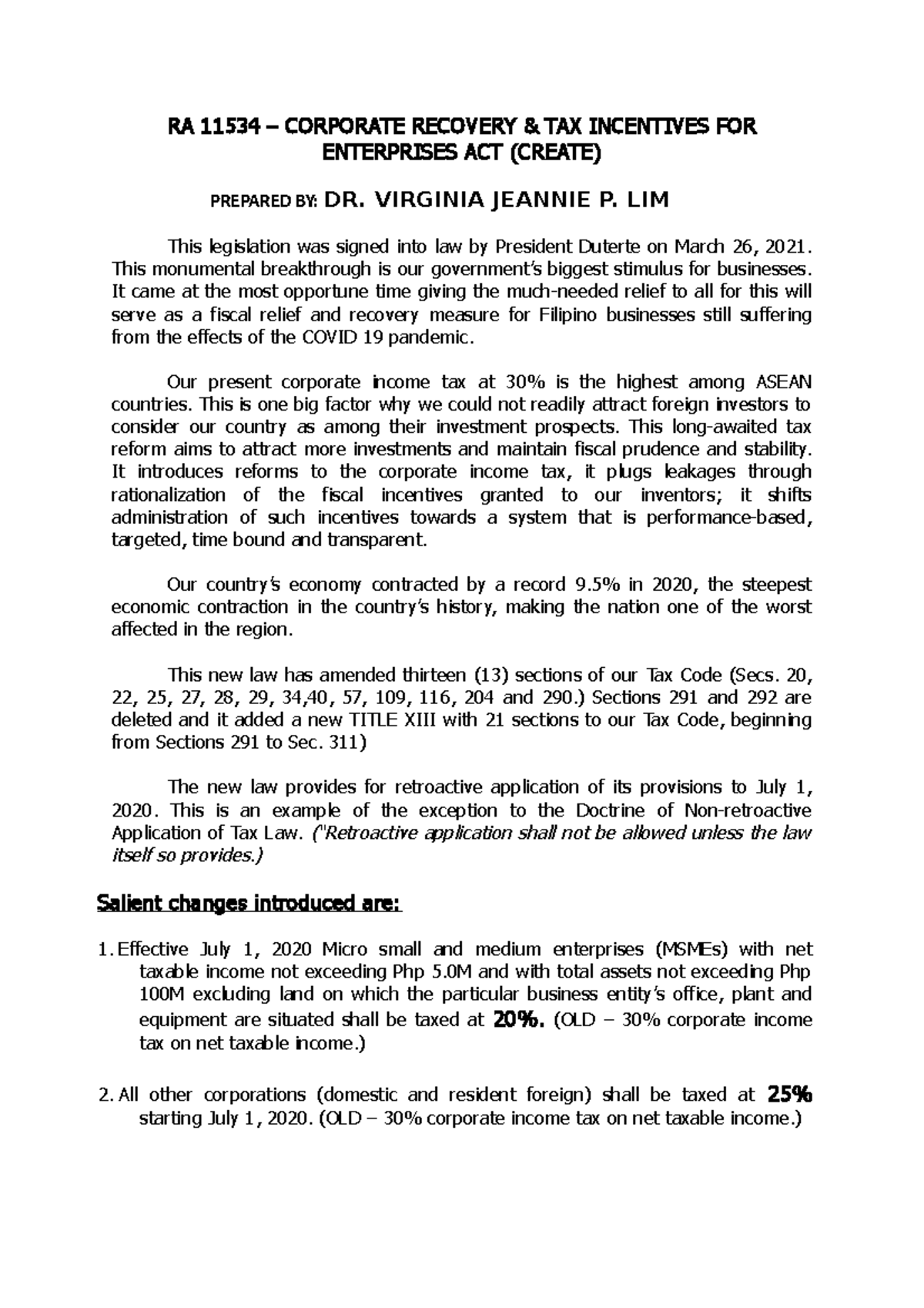 RA 11534 - Tax Law - RA 11534 – CORPORATE RECOVERY & TAX INCENTIVES FOR ...