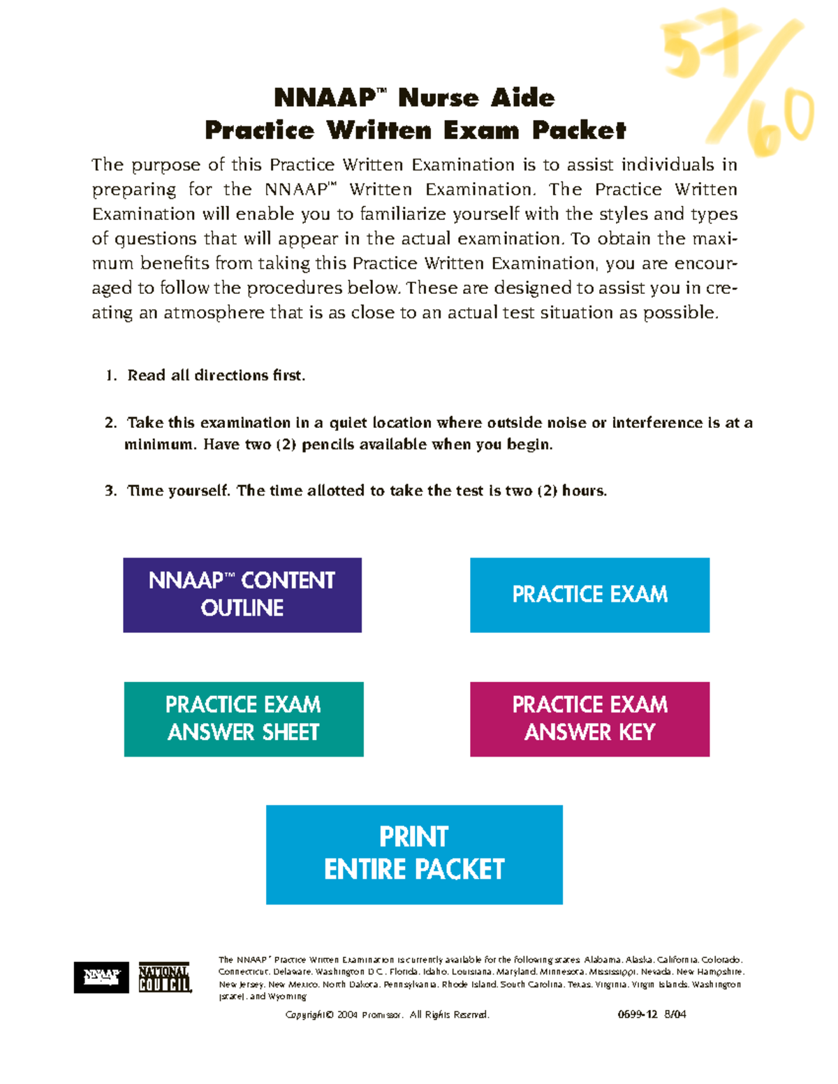 Nursing Nnaap Nurse-Aide Written Practice Exam Packet - Copyright© 200 ...