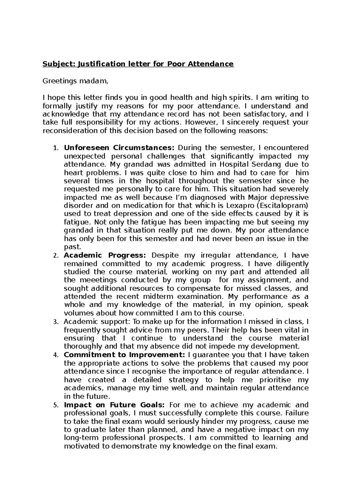 Justification letter (non related pls skip tq) - Subject: Justification ...