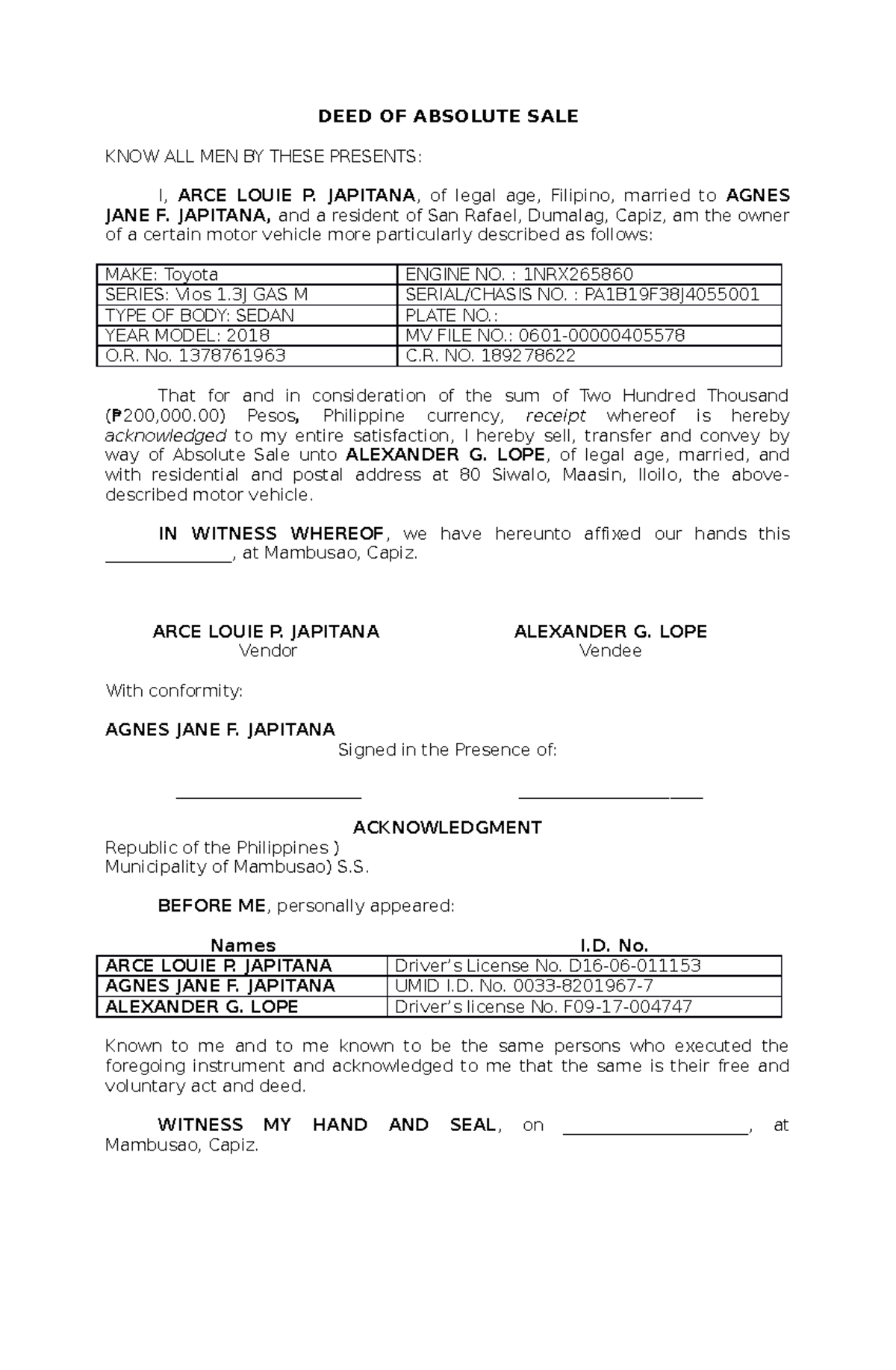 DEED OF Absolute SALE motor vehicle - DEED OF ABSOLUTE SALE KNOW ALL MEN BY THESE PRESENTS: I ...