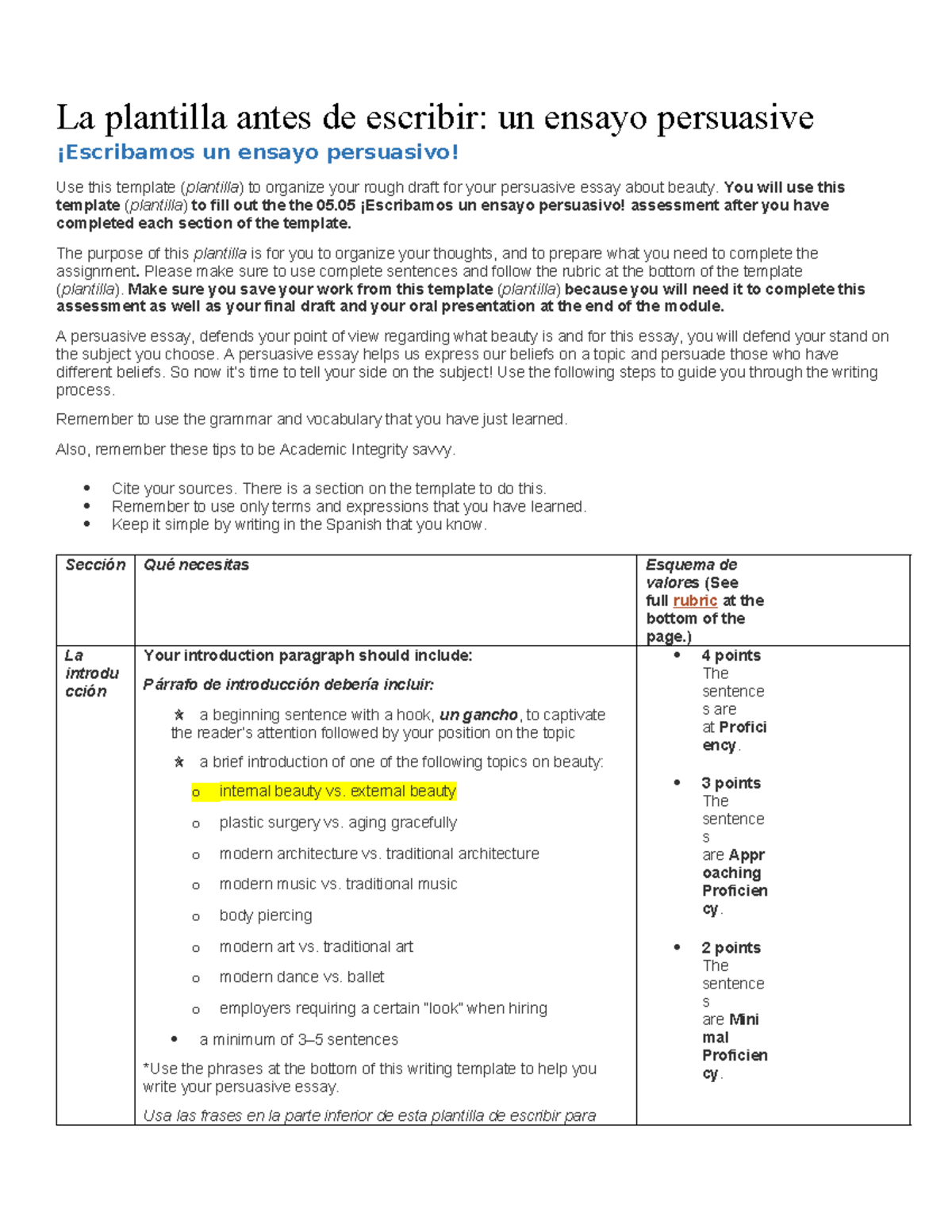 5.05 Persuasive Essay - Spanish - La plantilla antes de escribir: un ...